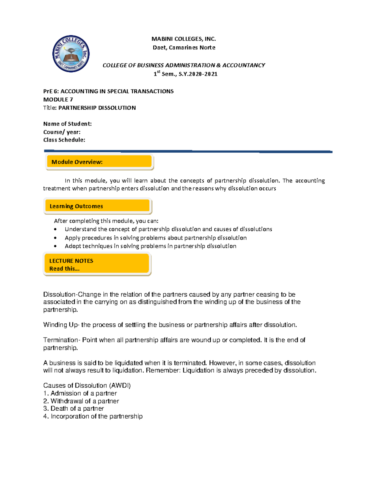 Module 7: Partnership Dissolution - Accounting in Special Transactions ...