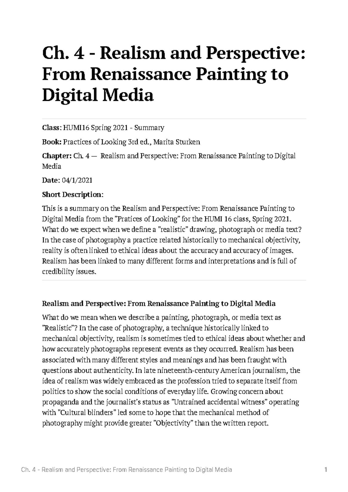 Ch. 4 - Realism and Perspective: From Renaissance Painting to Digital ...