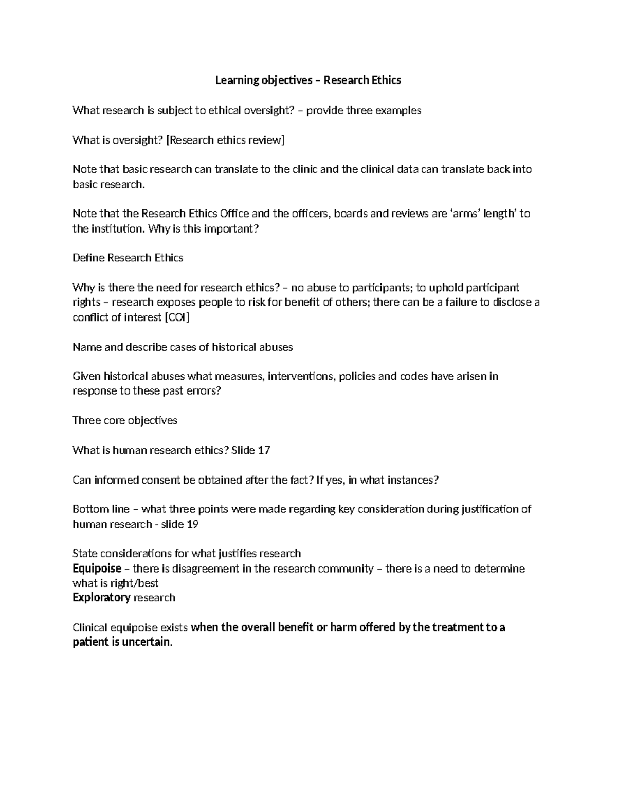 Research Ethics Lecture: Key Learning Objectives and Oversight - Studocu