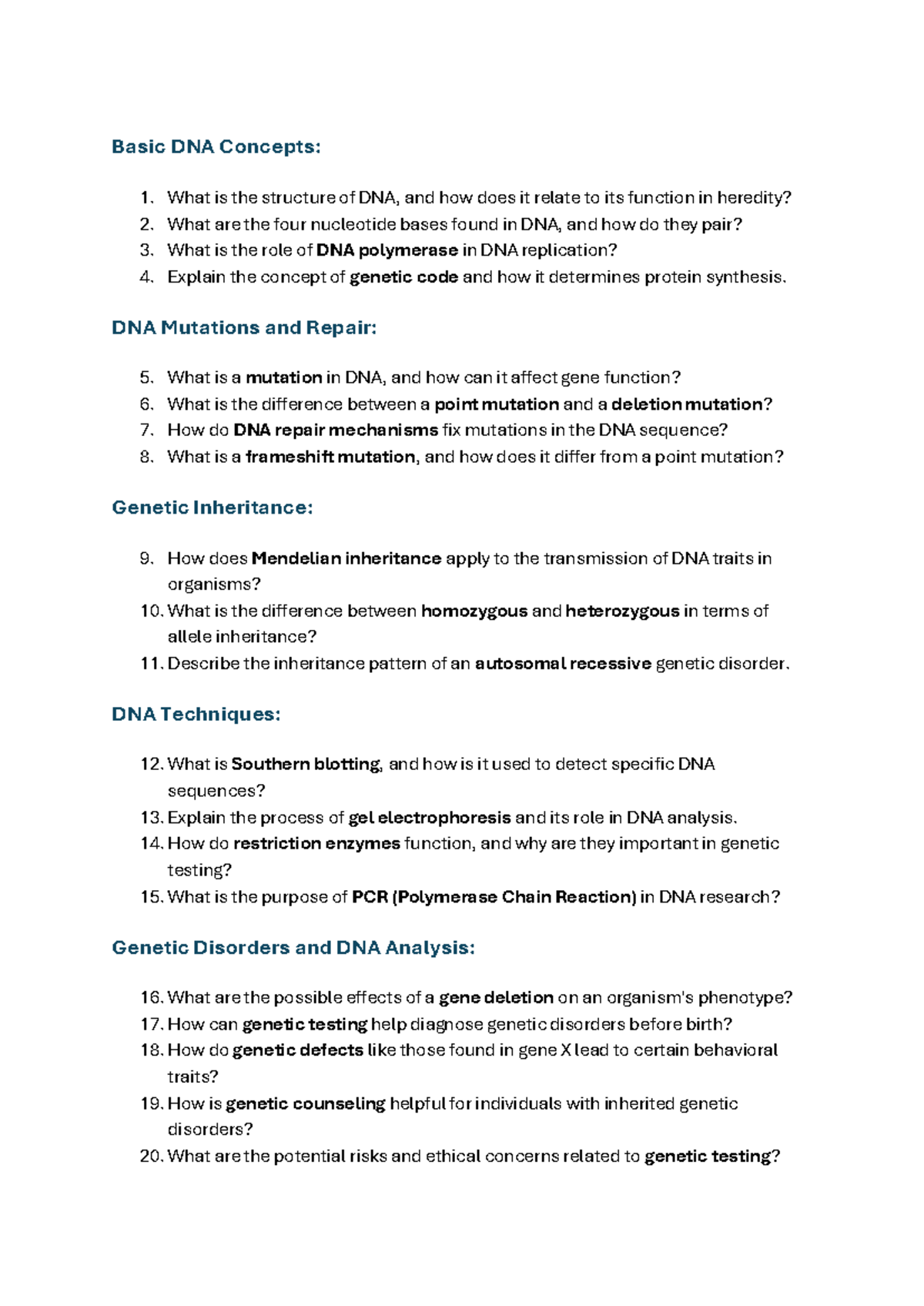 Practice questions - Basic DNA Concepts: 1. What is the structure of ...