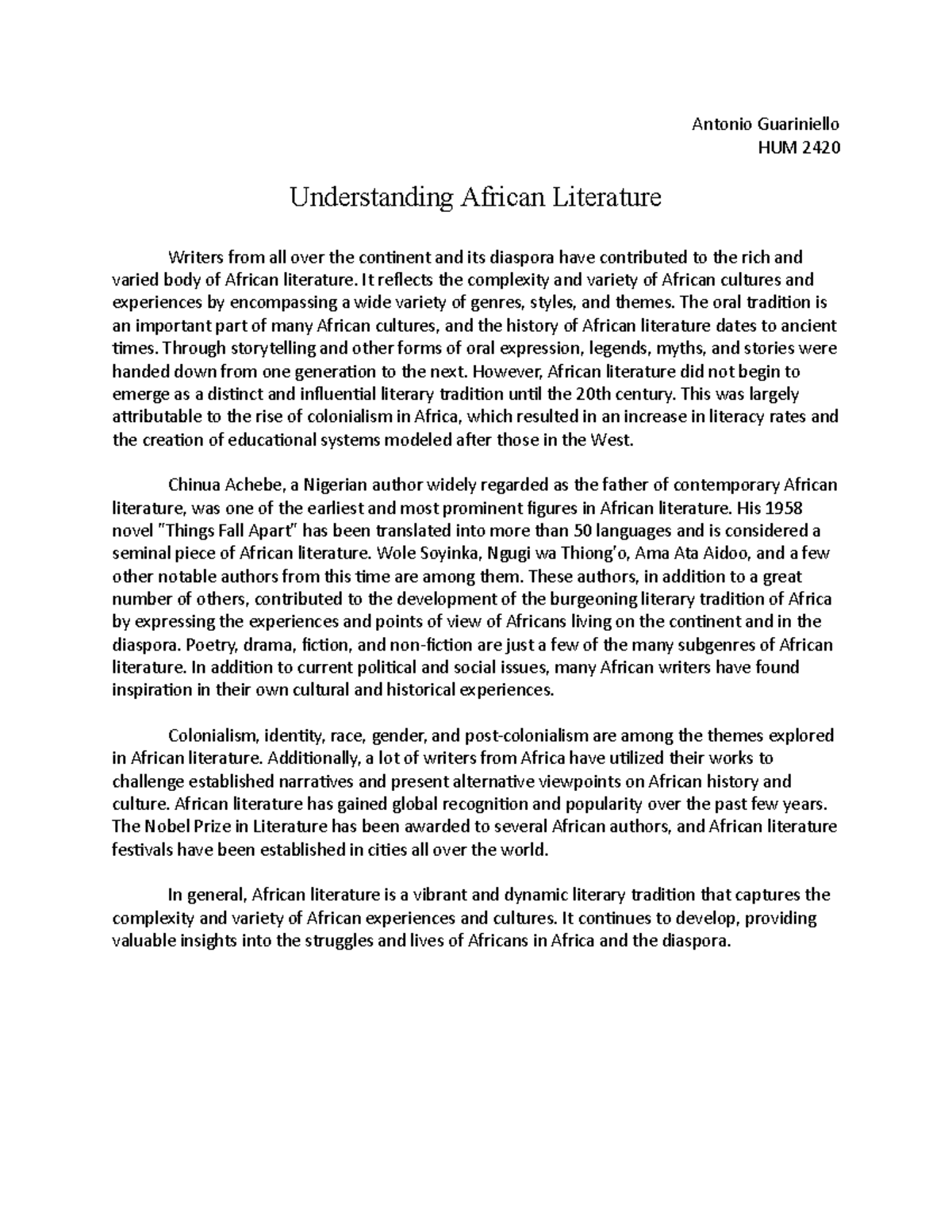 HUM 2420: Insights into African Literature and Its Cultural Impact ...