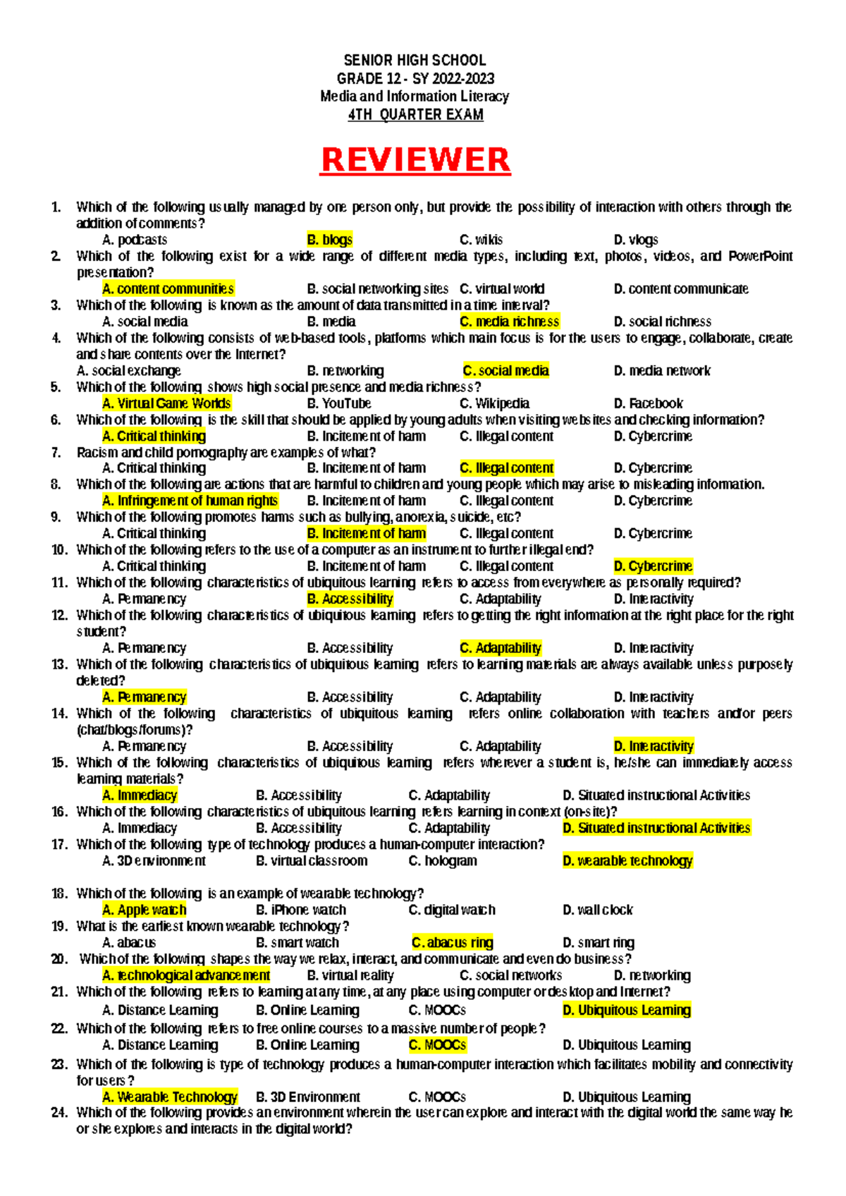 Grade 12 Media & Info Literacy Q4 Exam Reviewer - Studocu