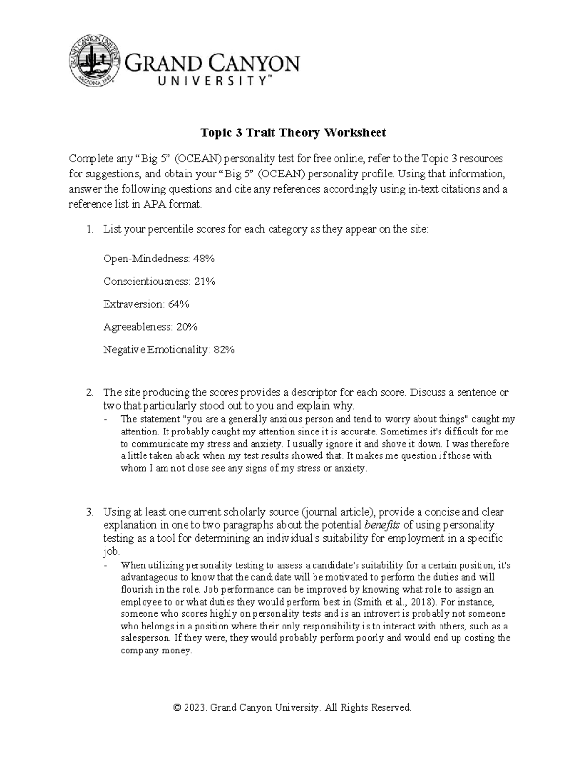PSY 255 Trait Theory Worksheet: Understanding Big 5 Personality ...