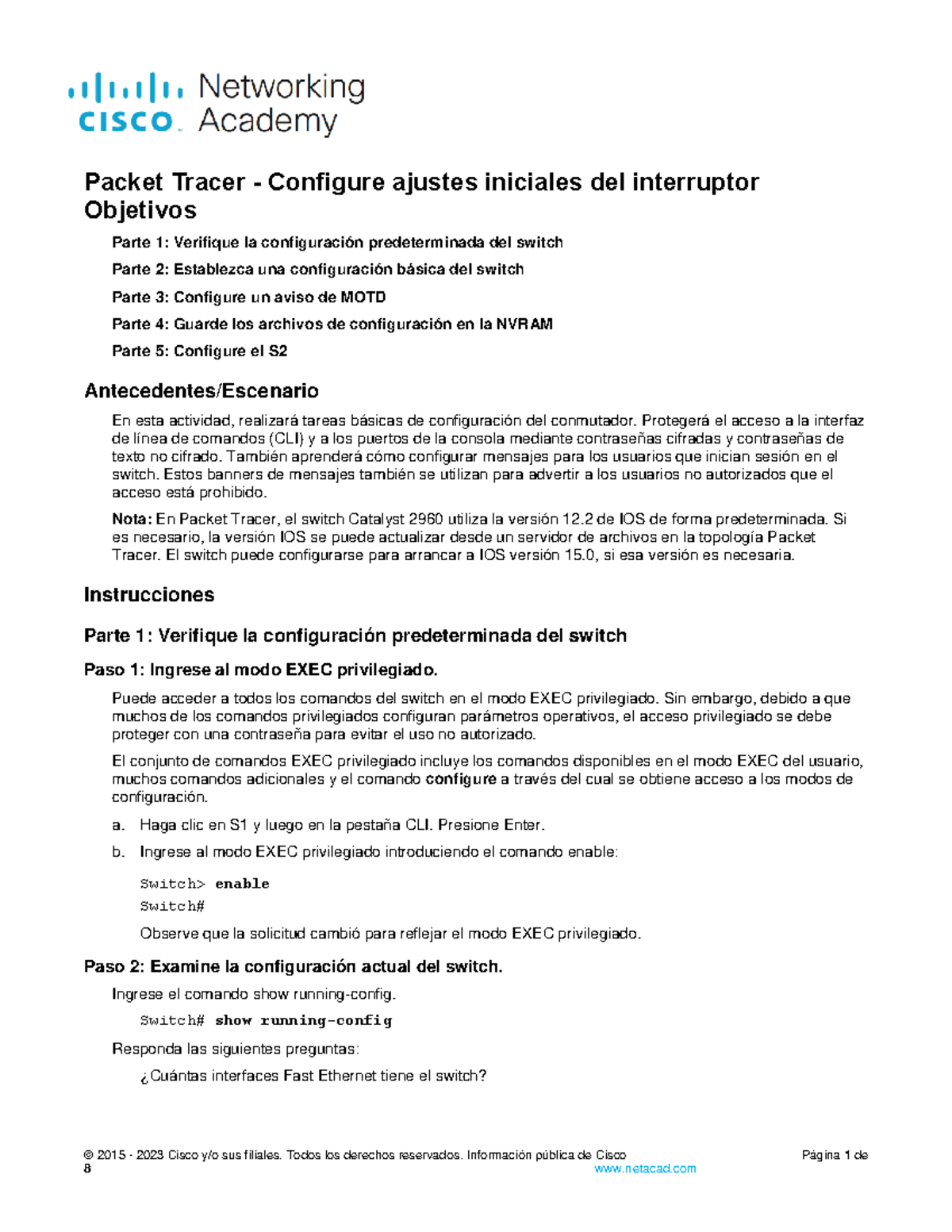 2.5.5 Packet Tracer - Configuración Inicial del Interruptor - Studocu