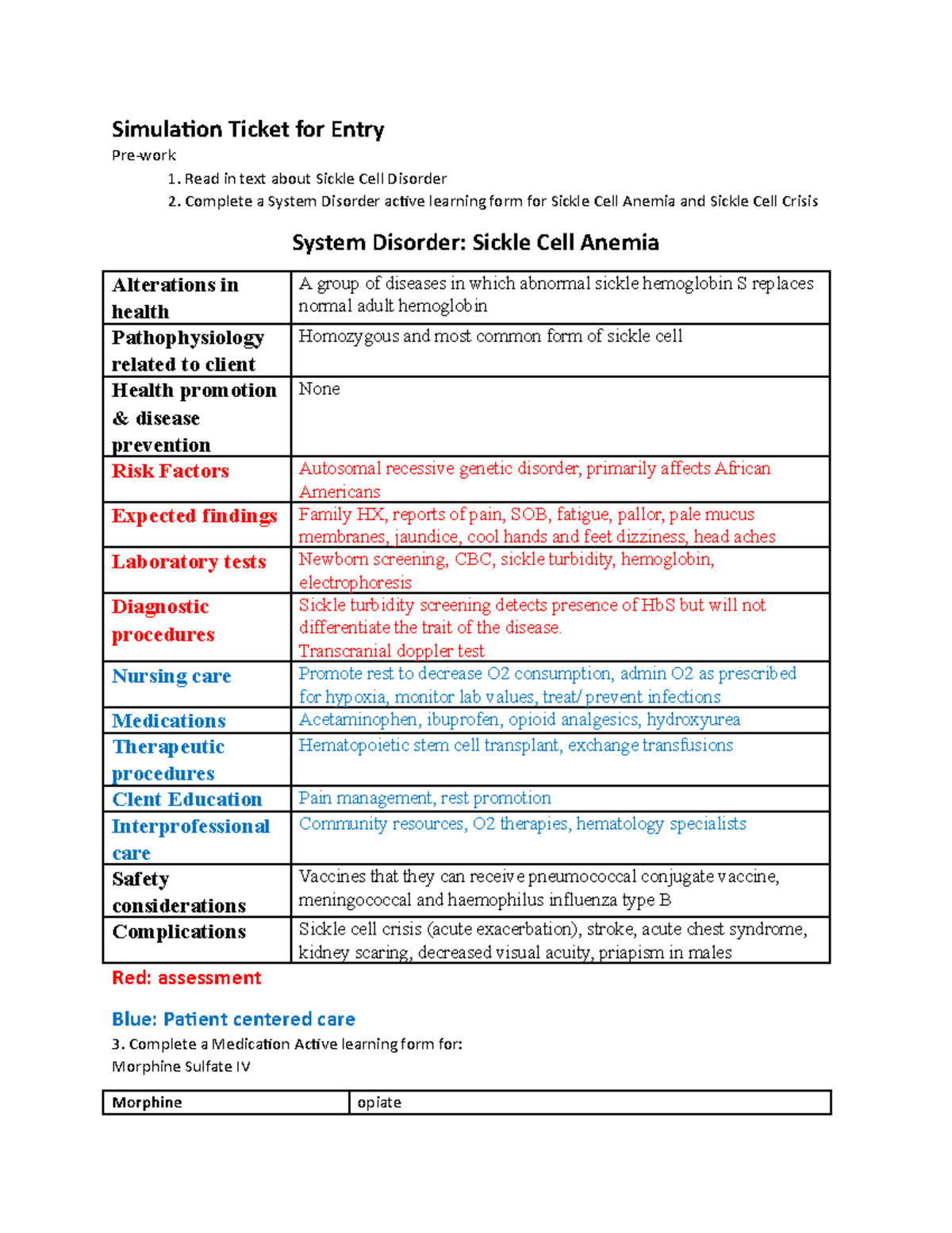 Sickle Cell Disorder Simulation Guide & Nursing Care Overview - Studocu