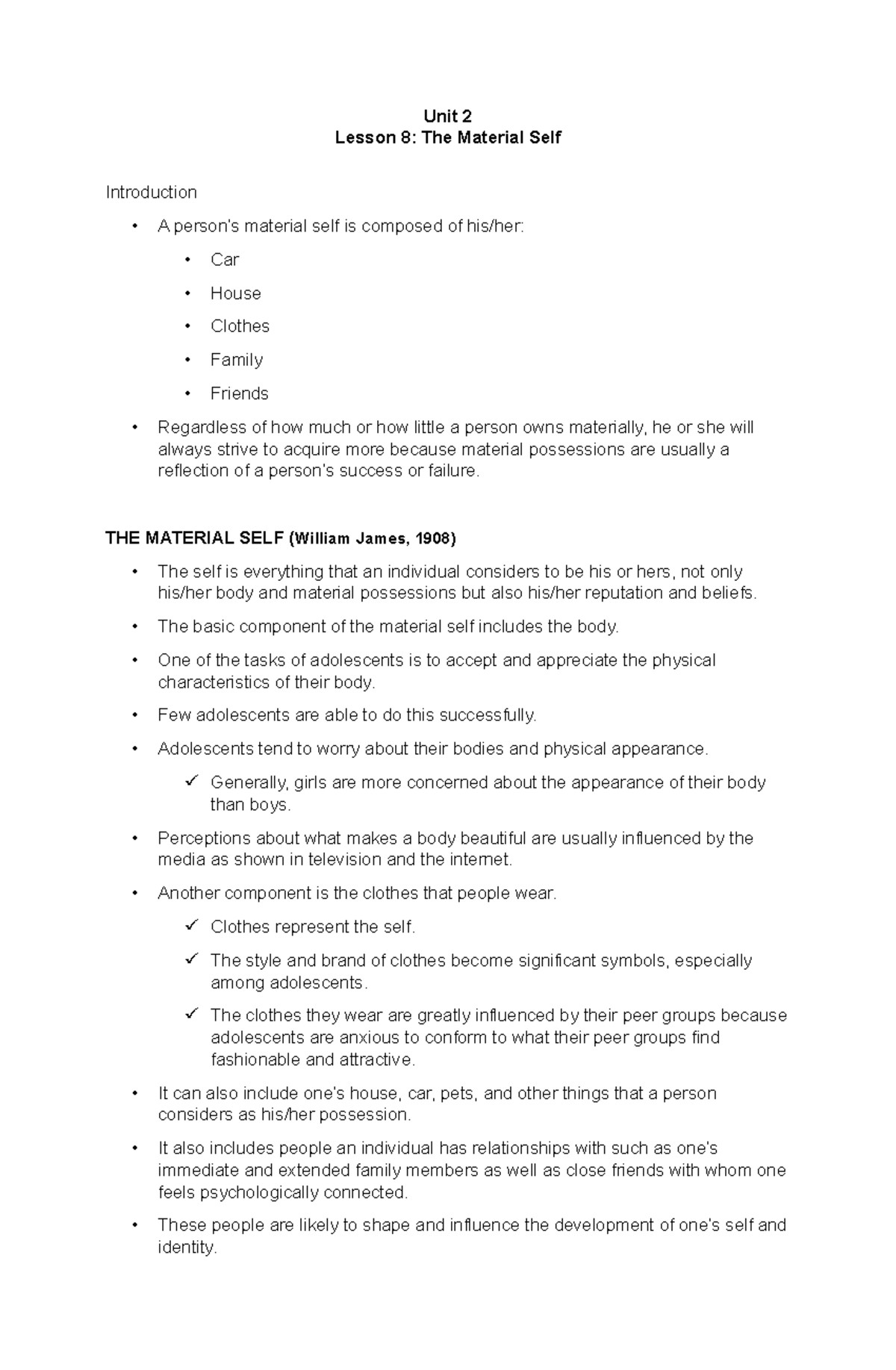 Quizzes AND Lesson IN Uself Finals - Unit 2 Lesson 8: The Material Self ...