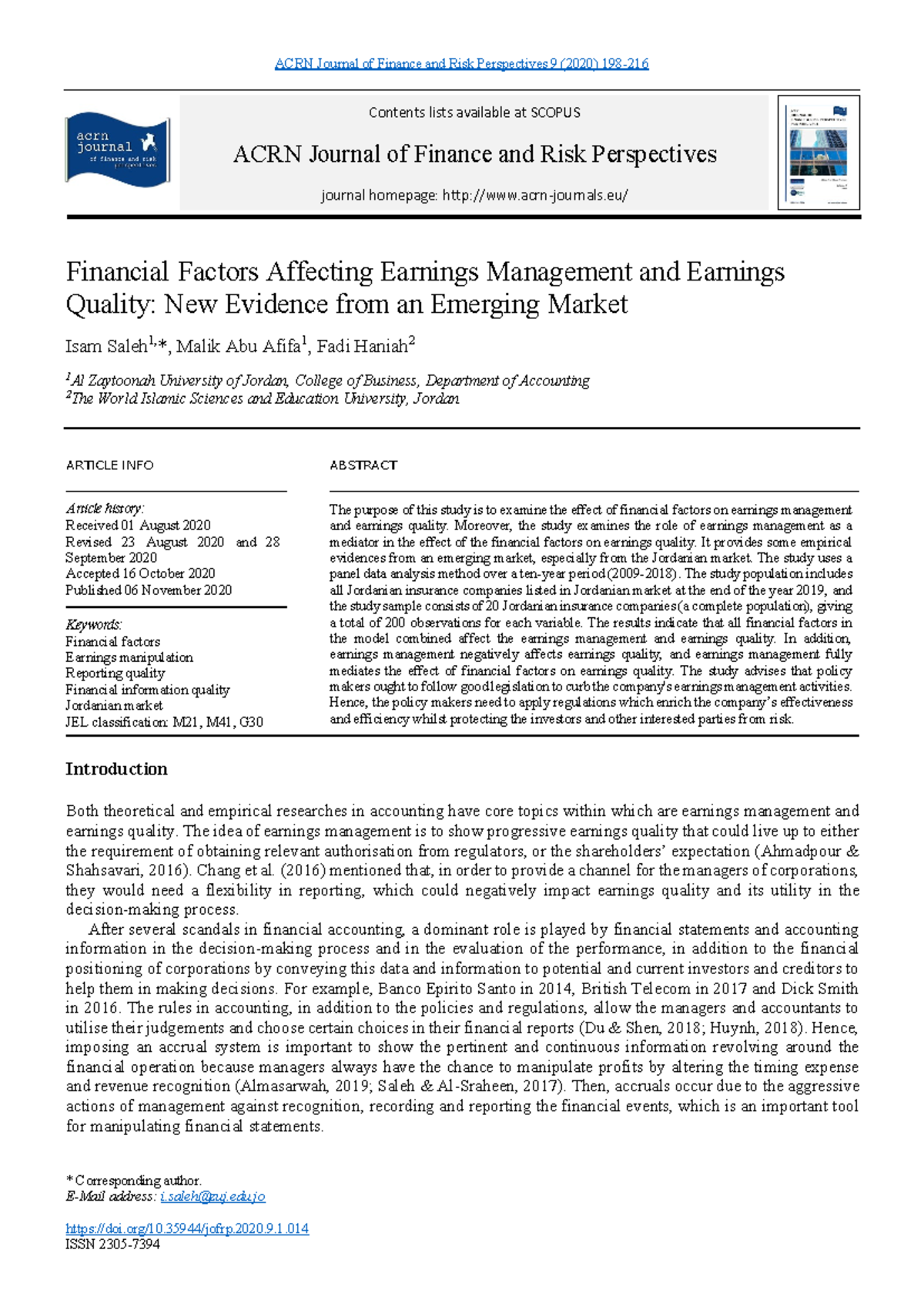 Financial Factors Impacting Earnings Management & Quality: Evidence ...