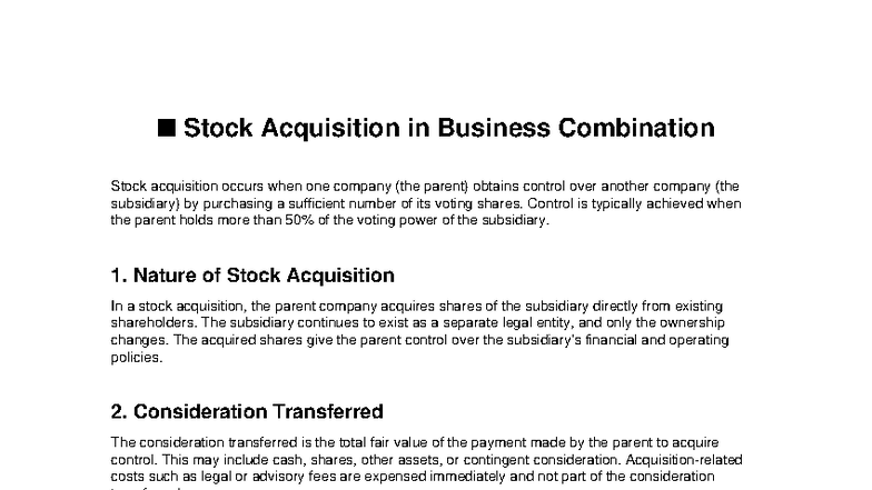 Stock Acquisition in Business Combination: Concepts & Accounting ...