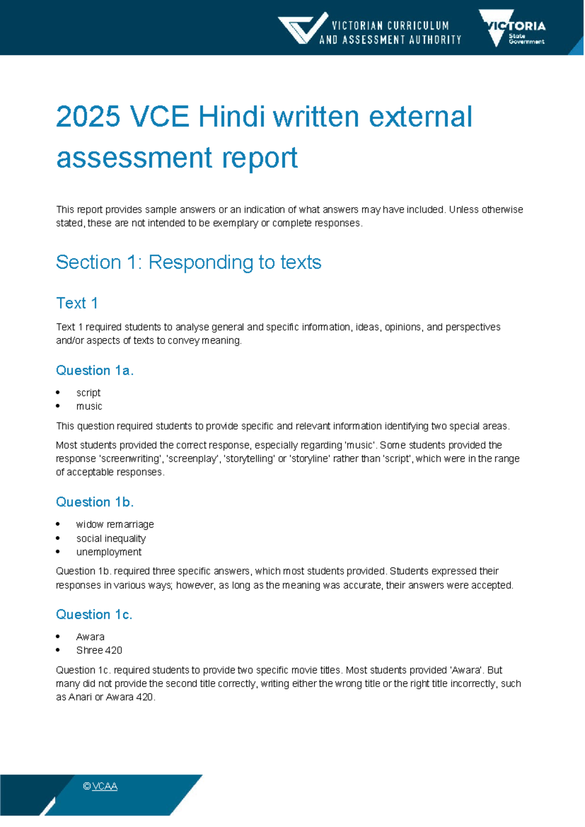 2025 VCE Hindi Written External Assessment Report Analysis - Studocu