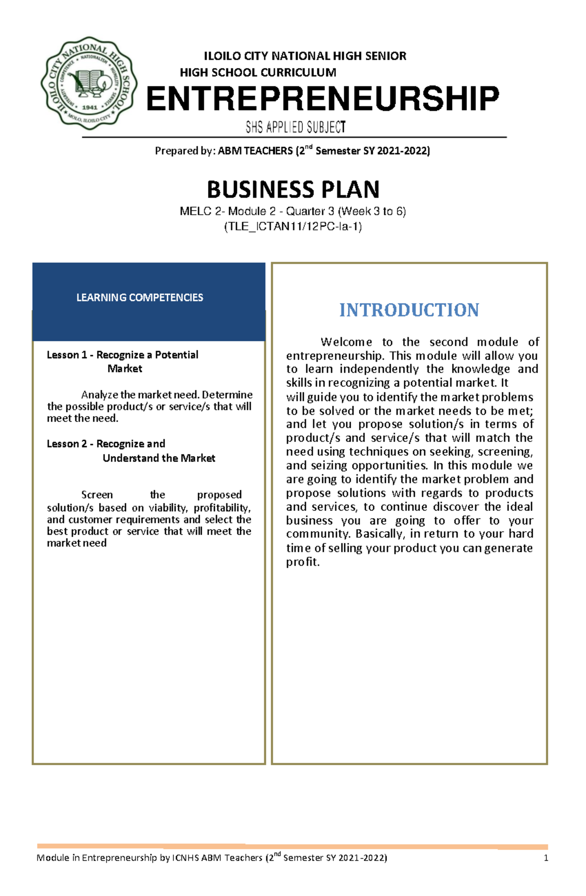 TLE_ICTAN11/12PC-Ia-1_Module 2 Entrepreneurship Business Plan Overview ...
