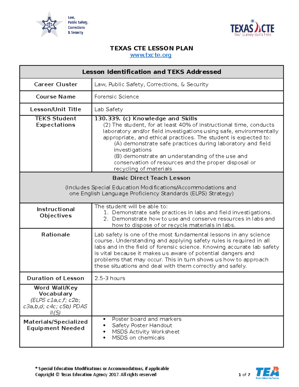 Lesson Plan Lab Safety 0 - TEXAS CTE LESSON PLAN txcte Lesson ...