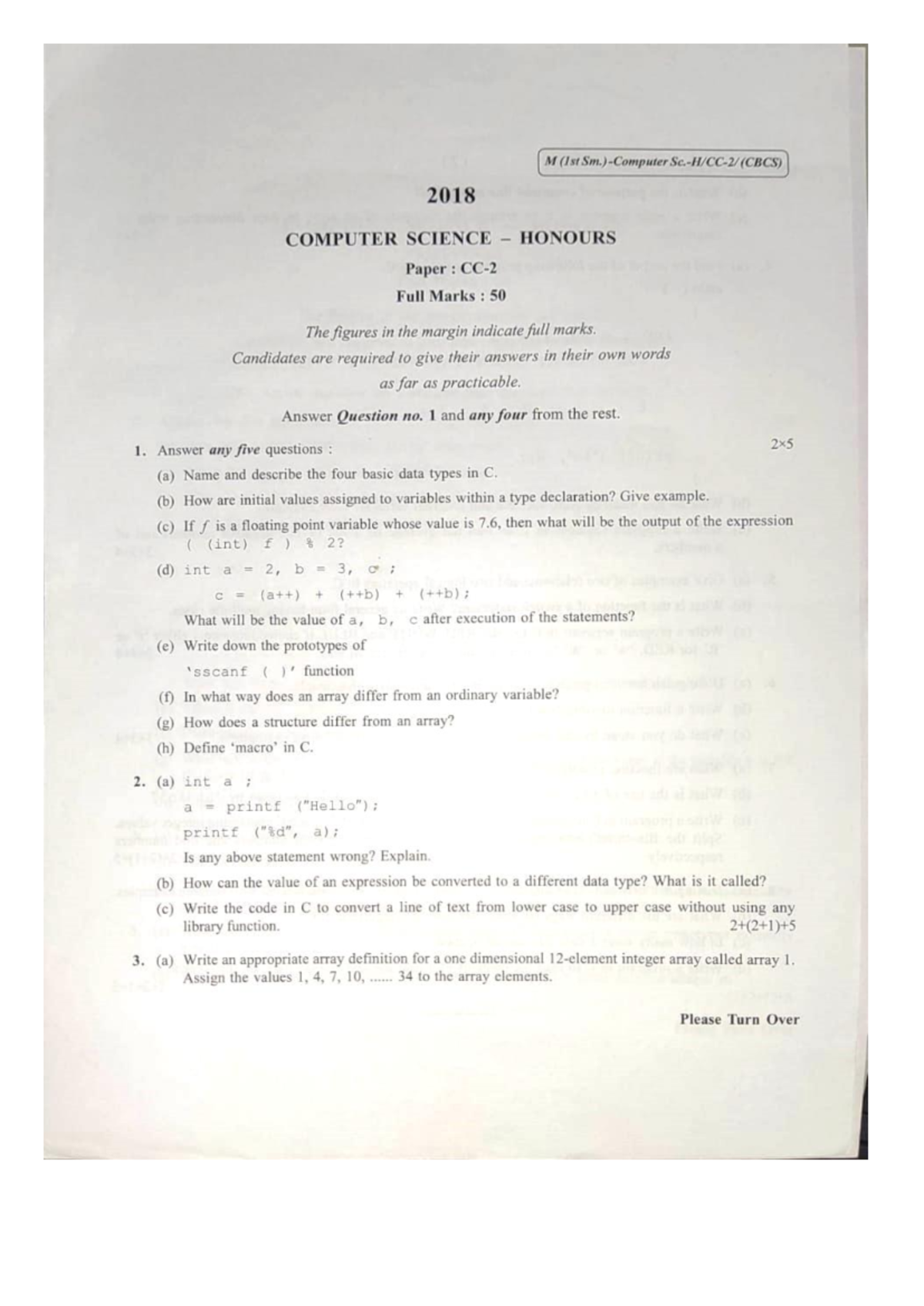Question Paper CMSA CC2 - Computer Science 1st Sem 2018 - Studocu