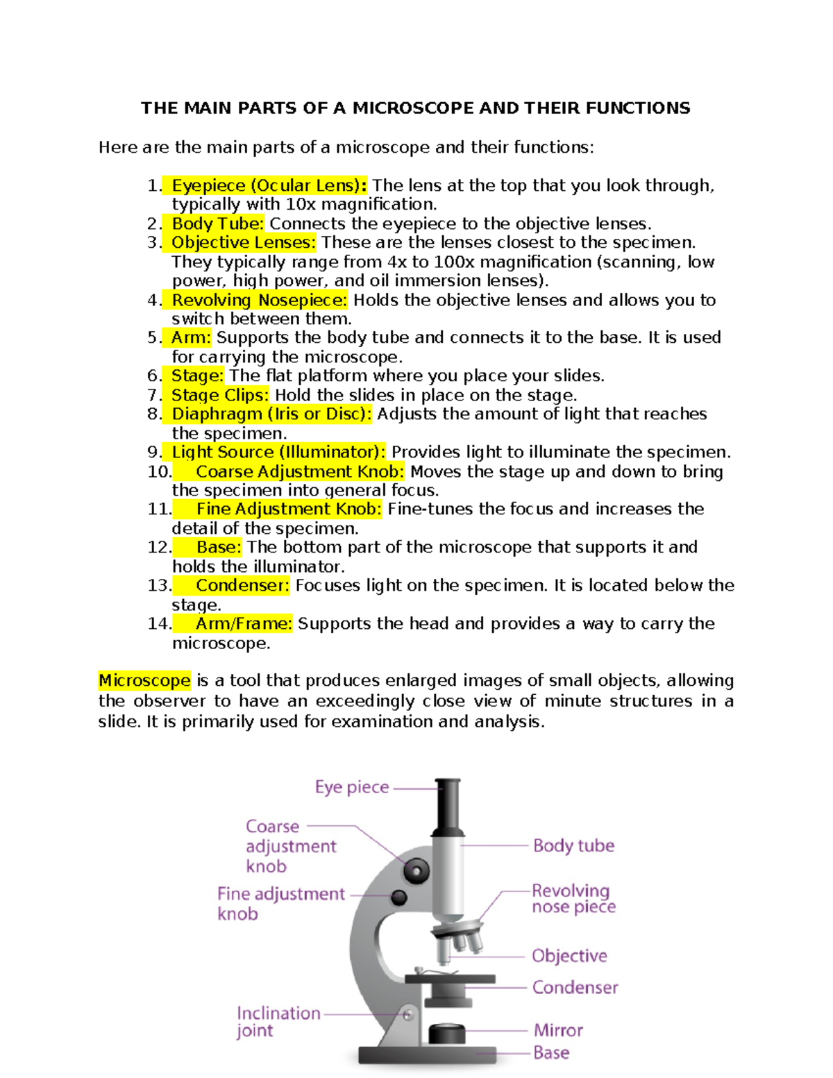 THE MAIN Parts OF A Microscope AND Their Functions - THE MAIN PARTS OF ...