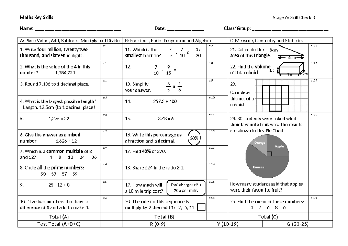 Stage 6 Maths Key Skills Check 3: Place Value, Fractions & Geometry ...