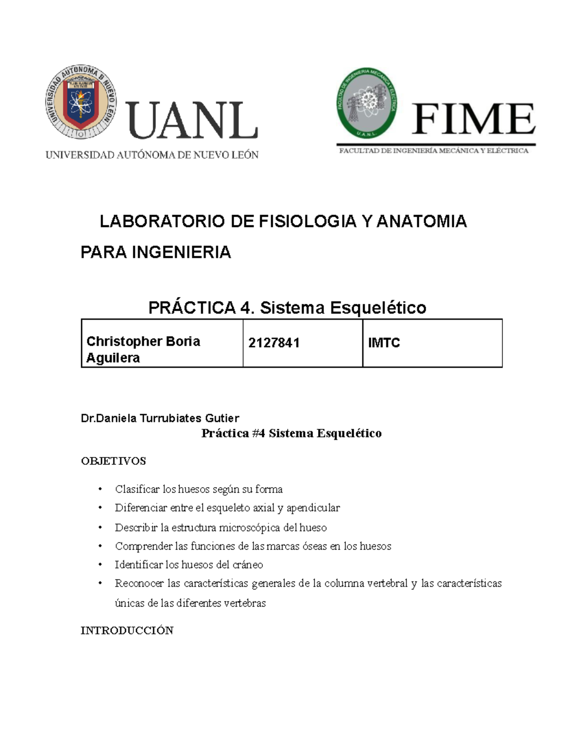 Práctica 4: Sistema Esquelético en Fisiología y Anatomía IMTC - Studocu