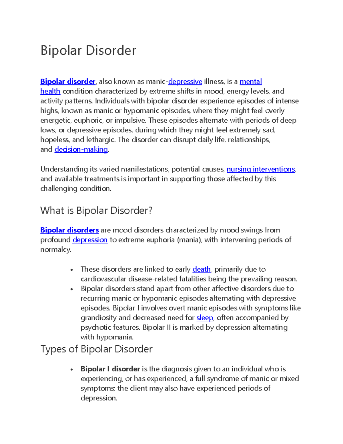 Bipolar Disorder Overview: Key Concepts and Nursing Care Plans - Studocu