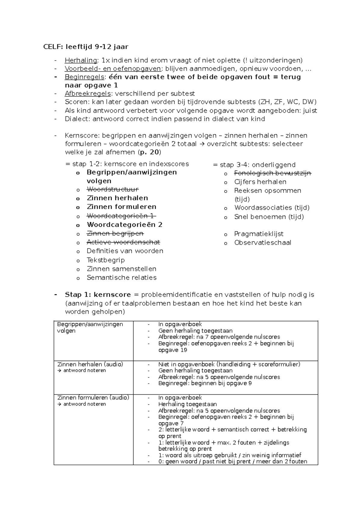 CELF: Eigen Notities voor Afname en Scoring van Subtests - Studocu