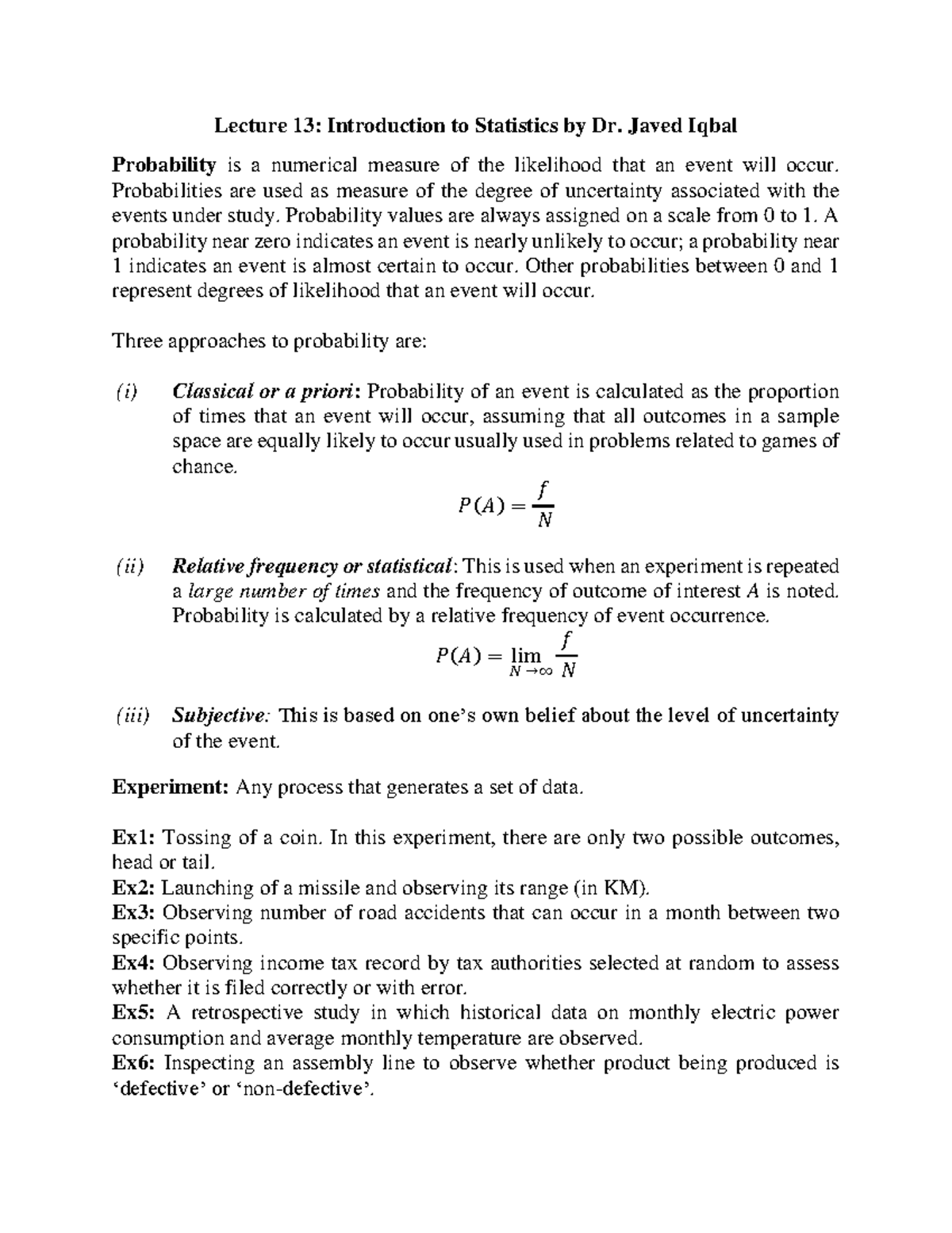 Lec 13: Intro to Stats - Understanding Probability Concepts - Studocu