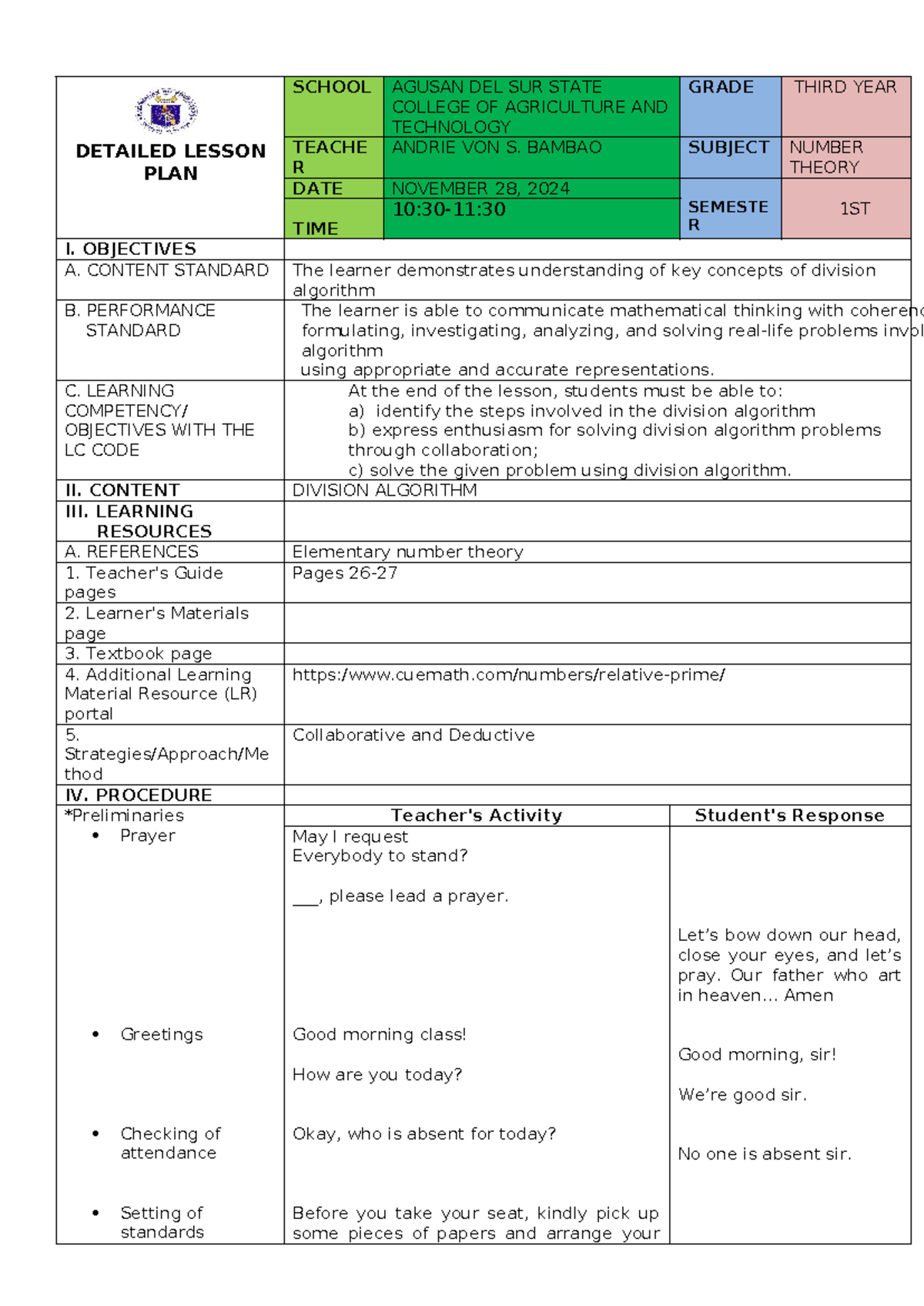 DEMO- Lesson PLAN- Final VON - DETAILED LESSON PLAN SCHOOL AGUSAN DEL ...