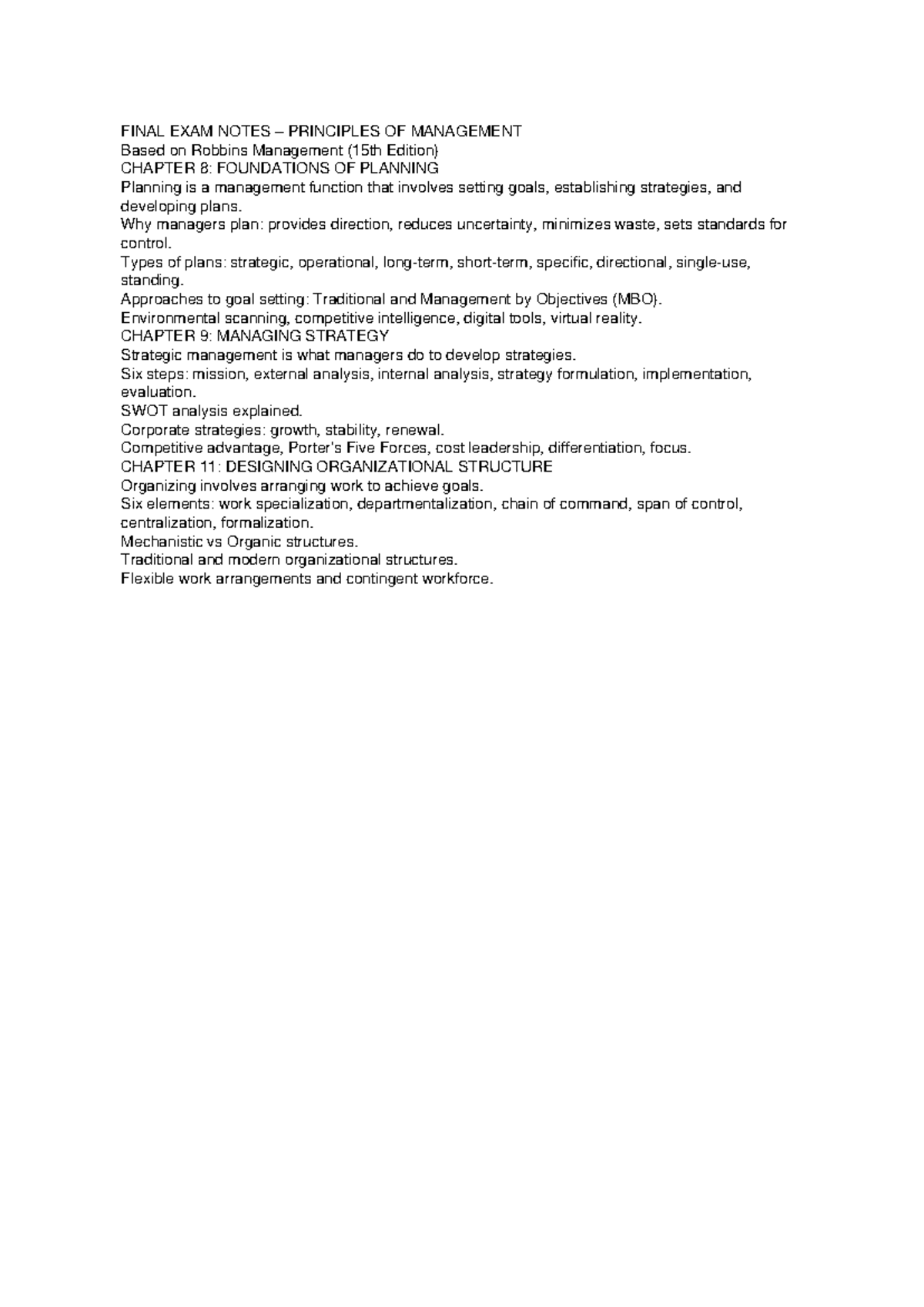 FINAL EXAM NOTES: PRINCIPLES OF MANAGEMENT (CH. 8-11) - Studocu