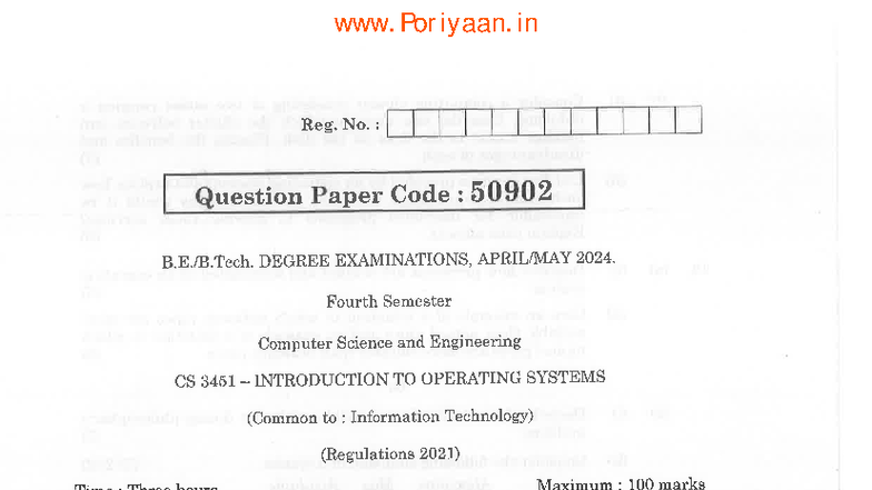 Introduction to Operating Systems - CS3451 Final Exam QP 2024 - Studocu