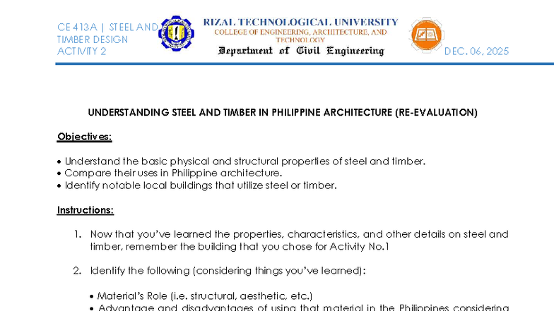 CE 413A Steel and Timber Design Activity 2: Insights on Philippine ...