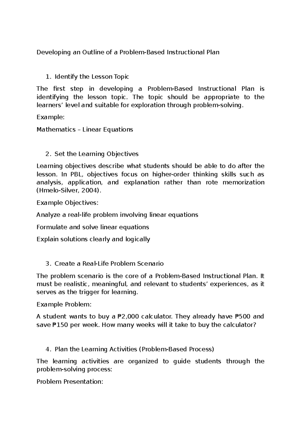 Developing an Outline of a PBL Instructional Plan - Studocu