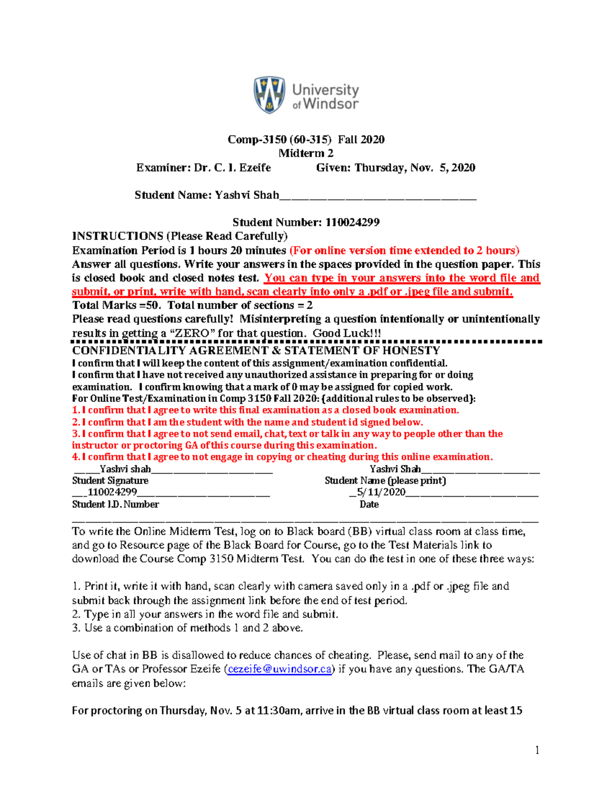 Midterm 2 f2020 - Comp-3150 (60-315) Fall 2020 Midterm 2 Examiner: Dr ...