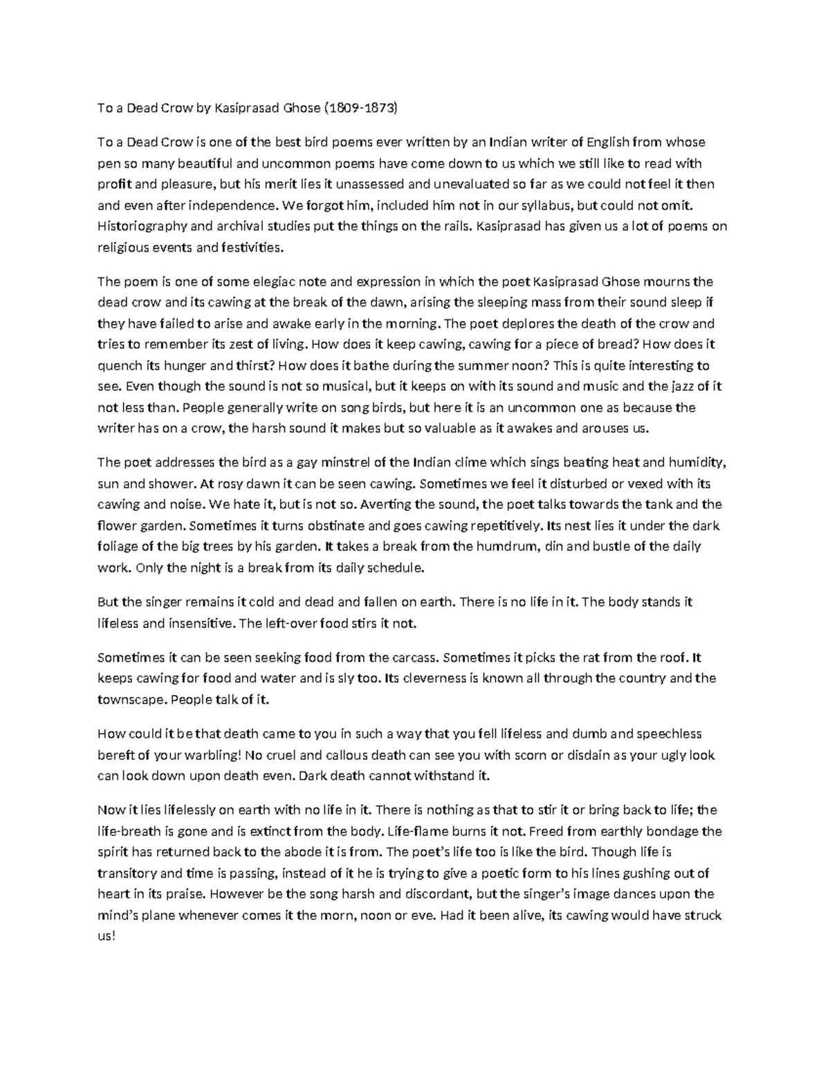To a Dead Crow: An Analysis of Kasiprasad Ghose's Poem - Studocu