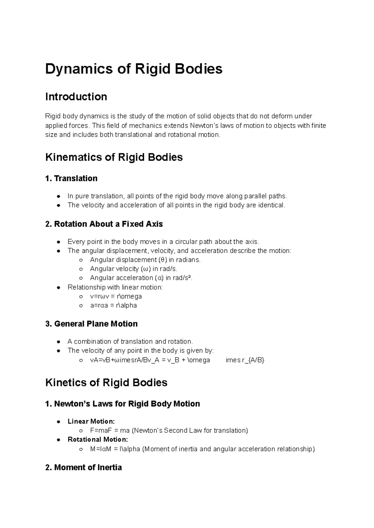 Rigid Body Dynamics Overview: Core Concepts and Applications - Studocu
