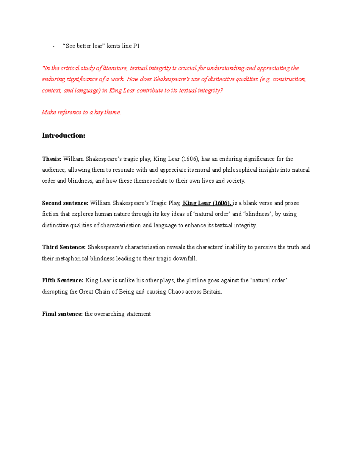 Mod B Essay 1: Analyzing Textual Integrity in King Lear - Studocu