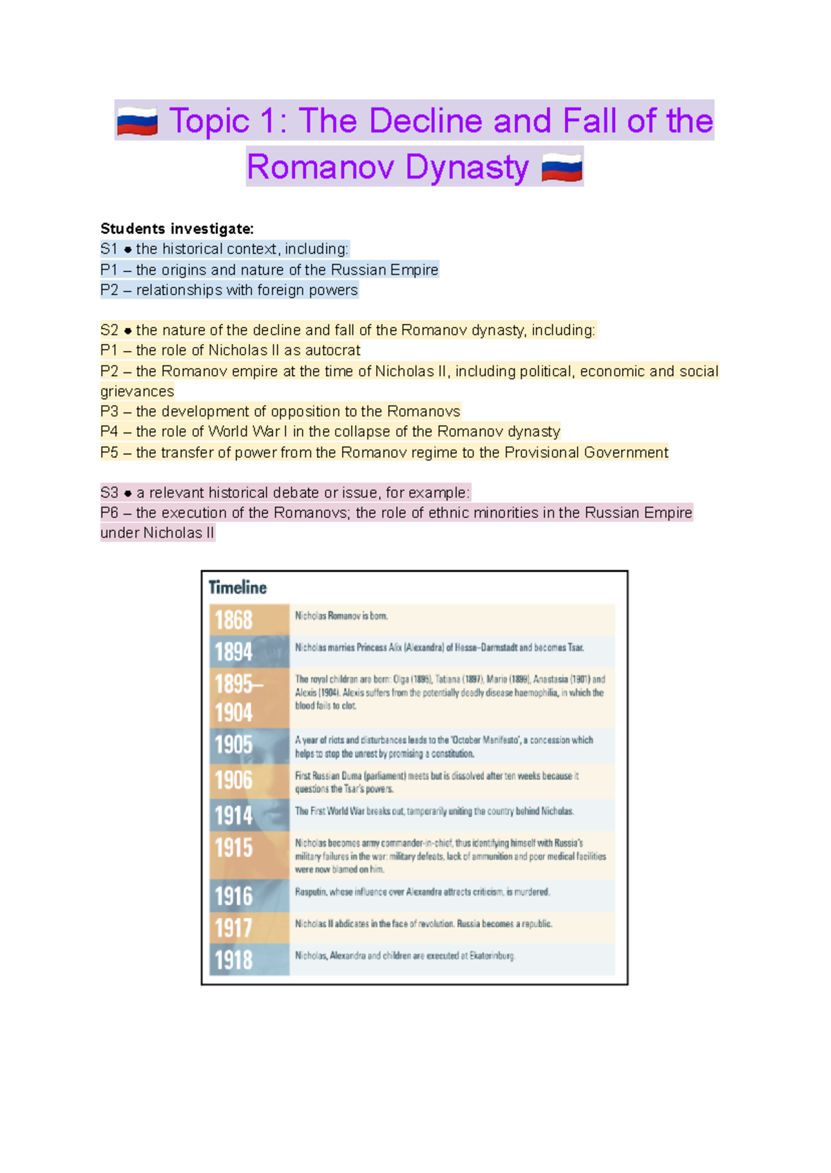 Year 11 History: The Decline and Fall of the Romanov Dynasty - Studocu