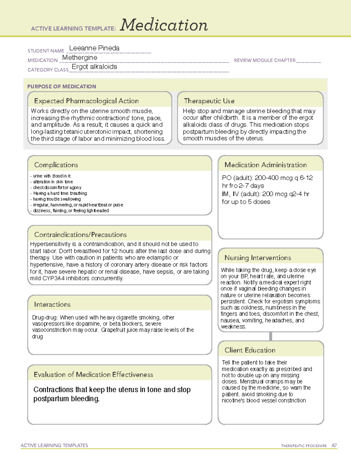 Methergine - ATI Active Learning Template for Nursing Students - Studocu