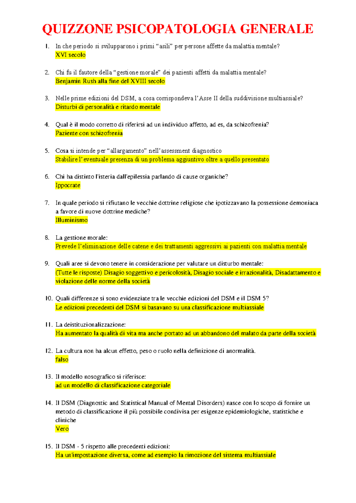 QUIZZONE PSICOPATOLOGIA GENERALE: Domande e Risposte Essenziali - Studocu