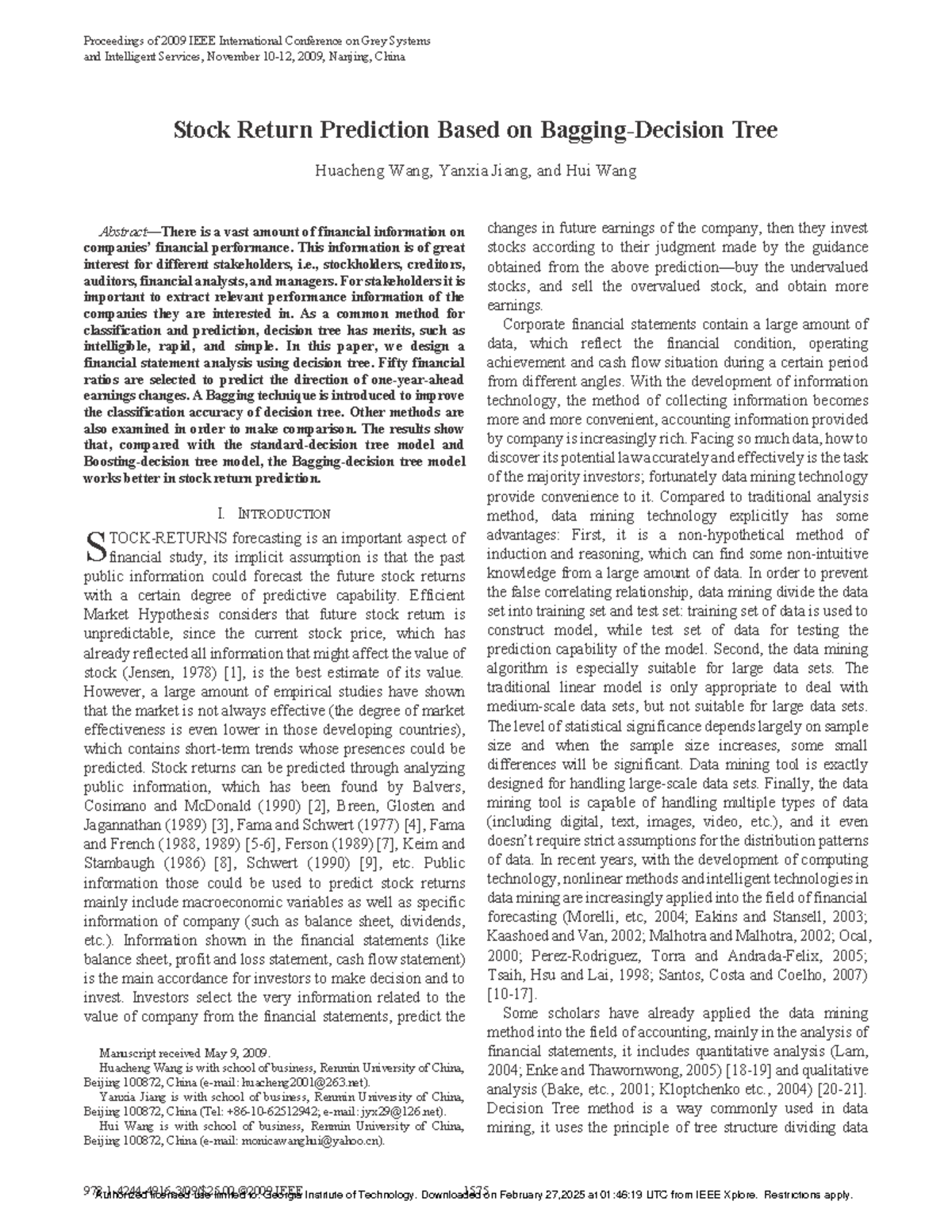 Stock Return Prediction Using Bagging Decision Tree Method (2009) - Studocu