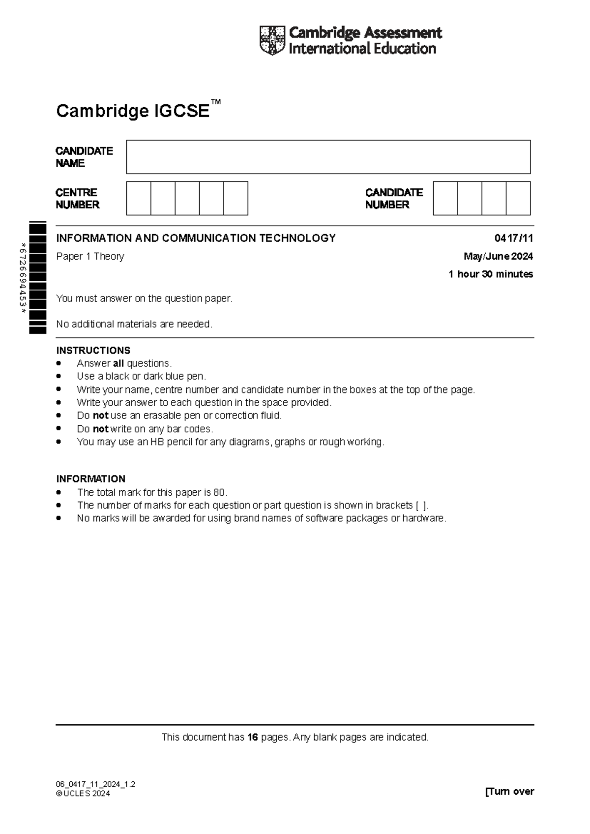 Cambridge IGCSE ICT Paper 1 Theory 2024 Exam Instructions - Studocu