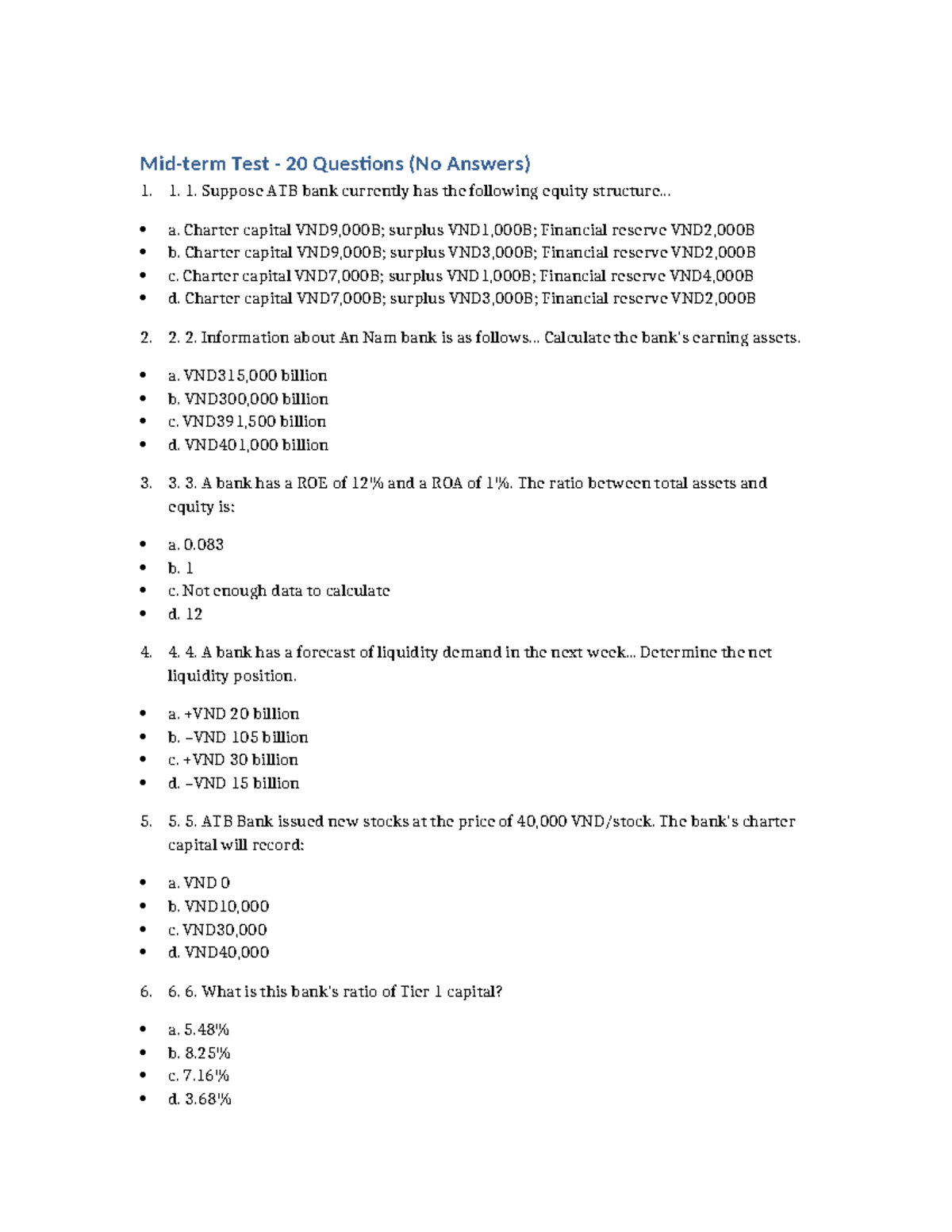 Midterm Test Questions for Banking and Finance (20 Questions) - Studocu