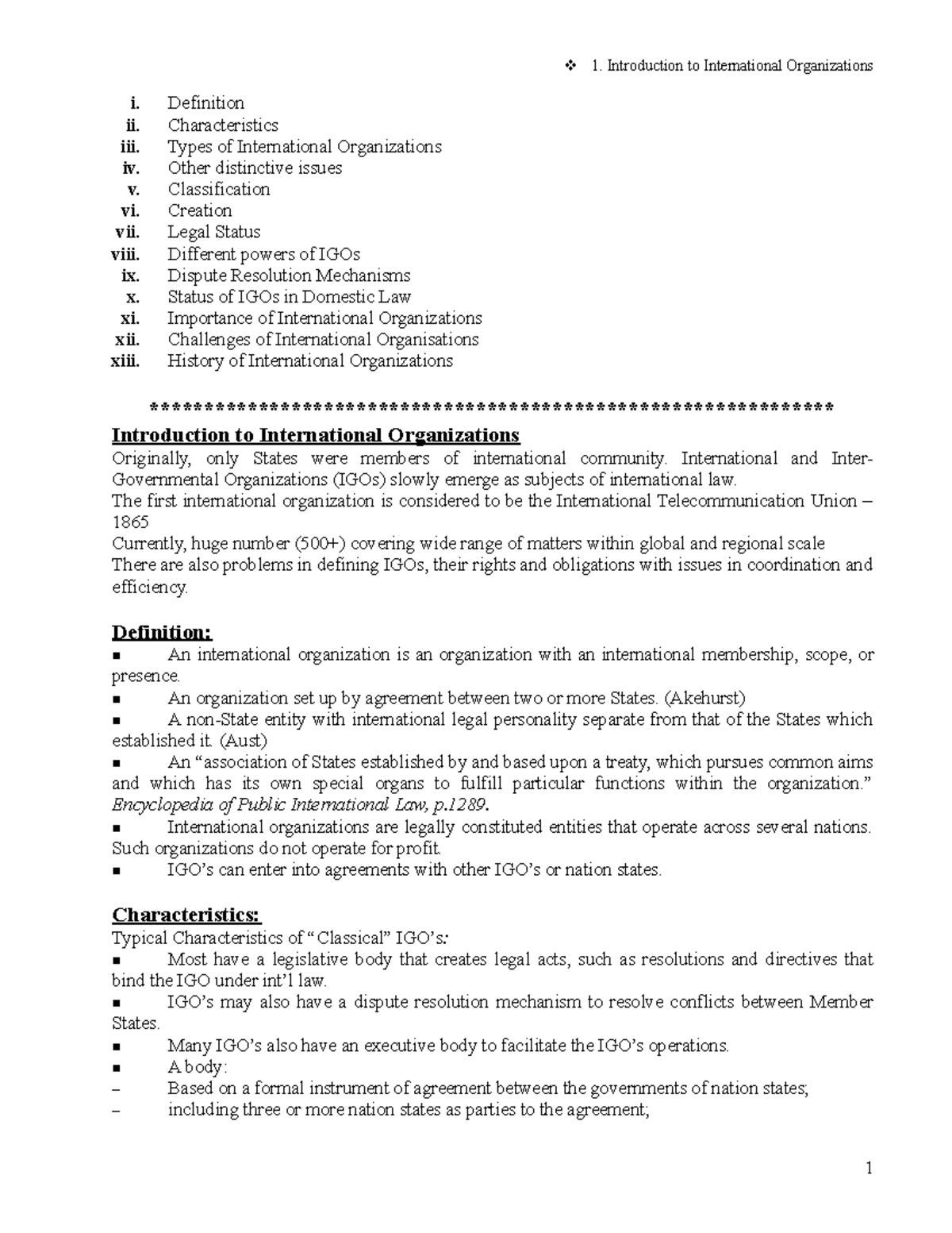 1. Introduction to International Organizations - i. Definition ii ...