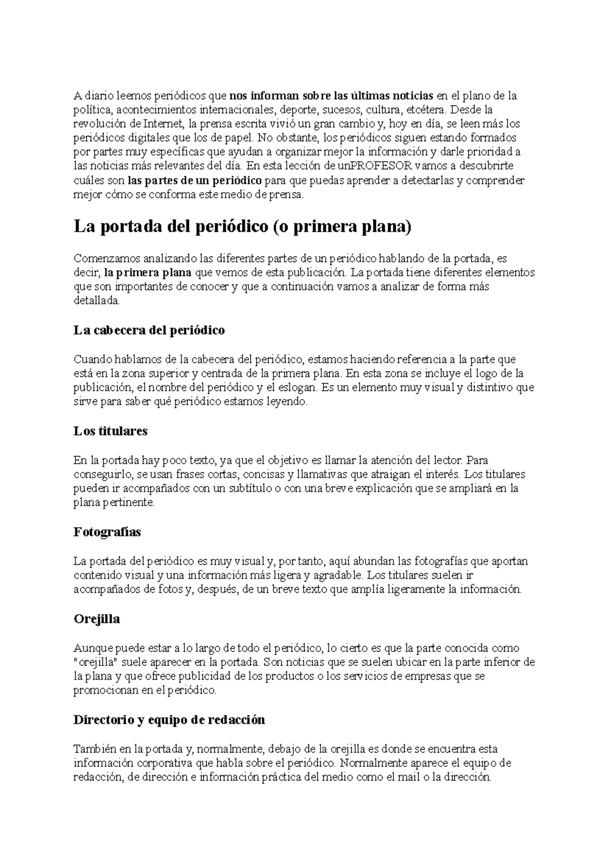 Partes de la Portada del Periódico: Análisis y Estructura - Studocu