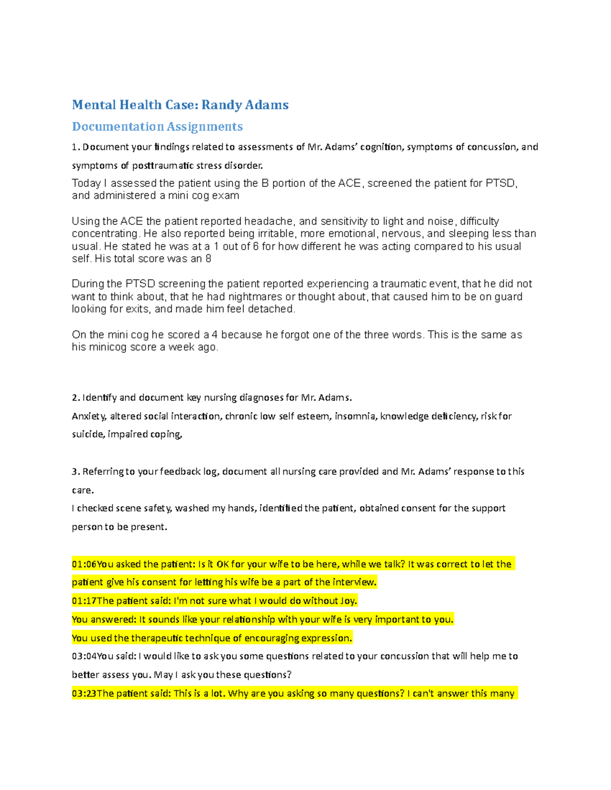Mental Health Case Documentation: Randy Adams (Therapeutic Insights ...