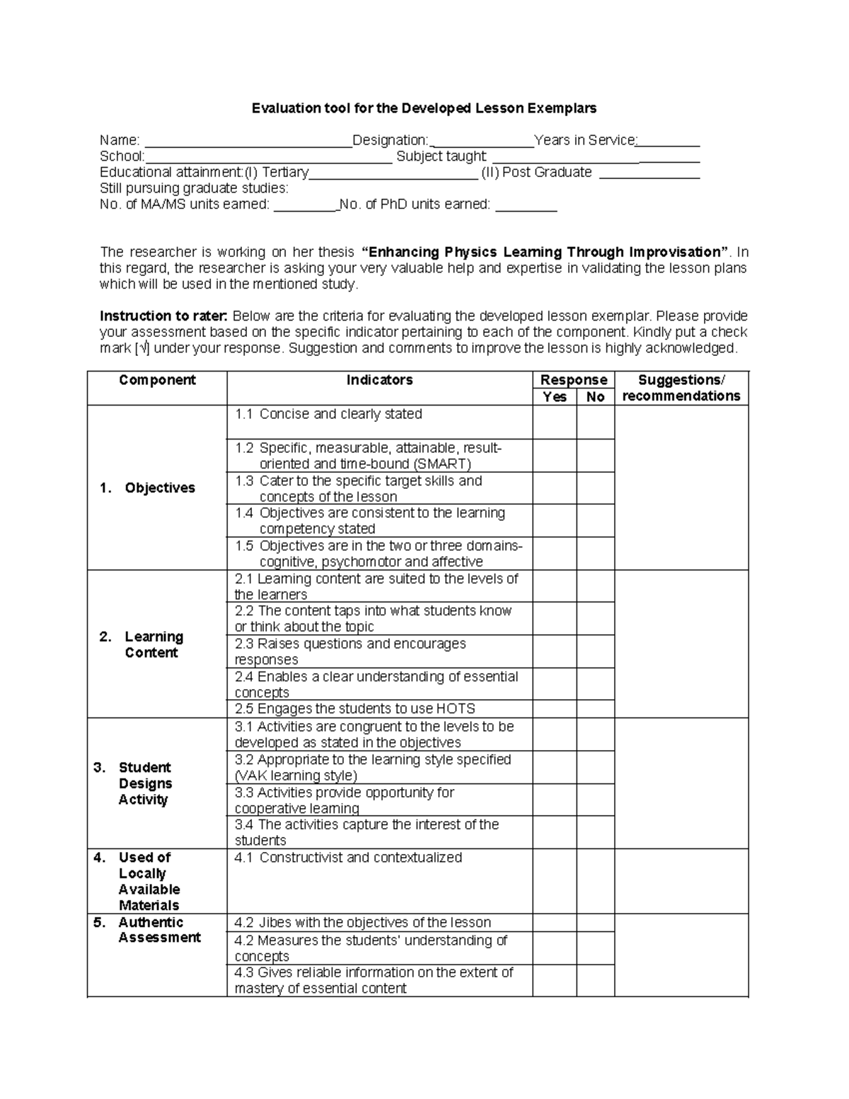 Evaluation Tool for Lesson Exemplars in Physics (Thesis Study) - Studocu