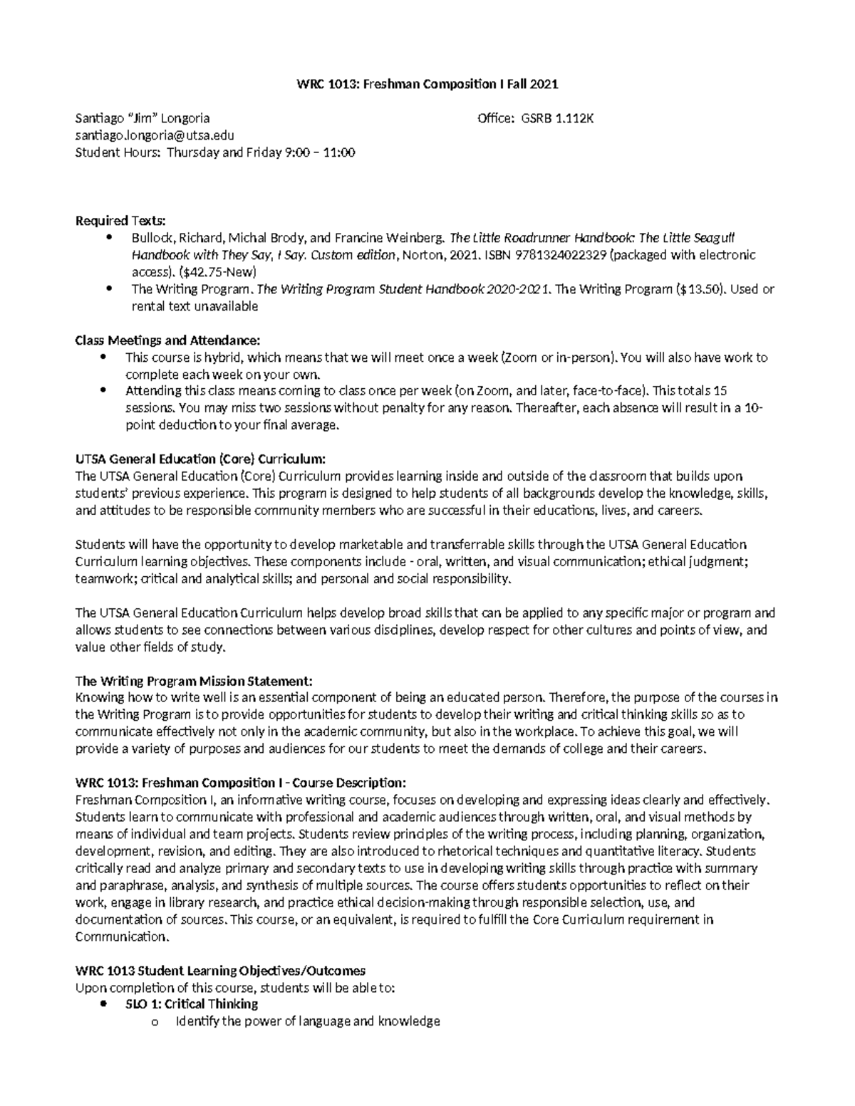 WRC 1013: Freshman Composition I - Fall 2021 Syllabus Overview - Studocu