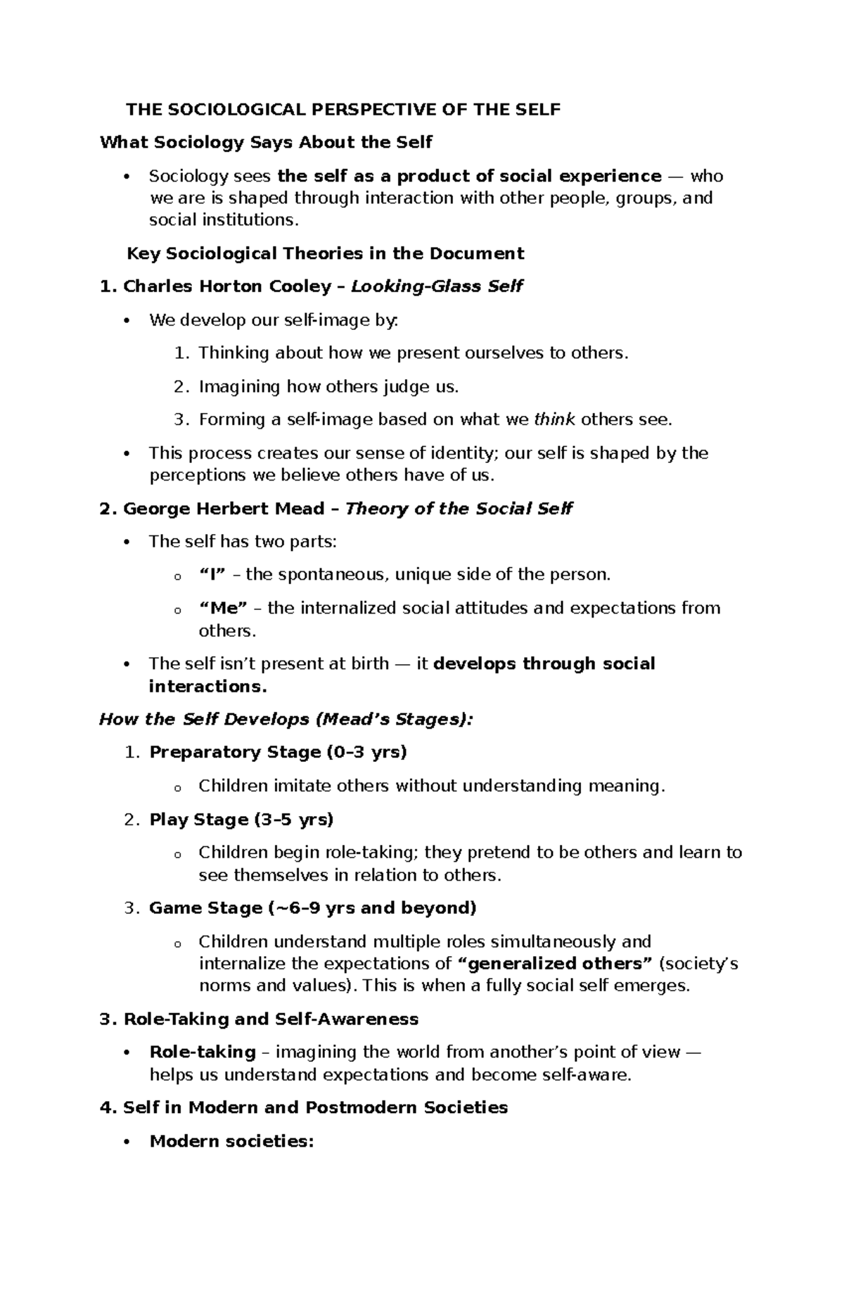 Sociological Perspectives on the Self: Key Theories and Concepts - Studocu