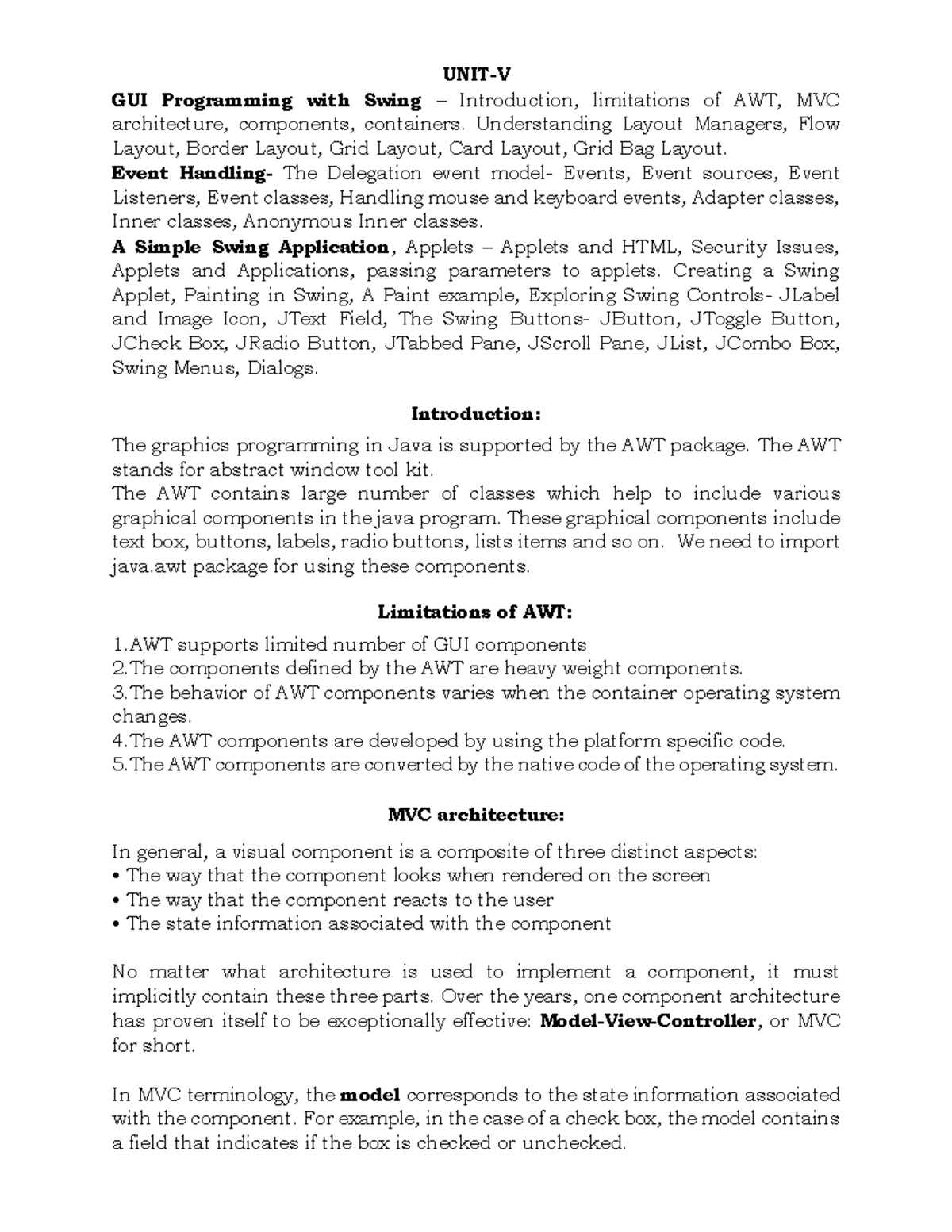UNIT-5 JAVA: GUI Programming, Event Handling, and Applet Concepts - Studocu