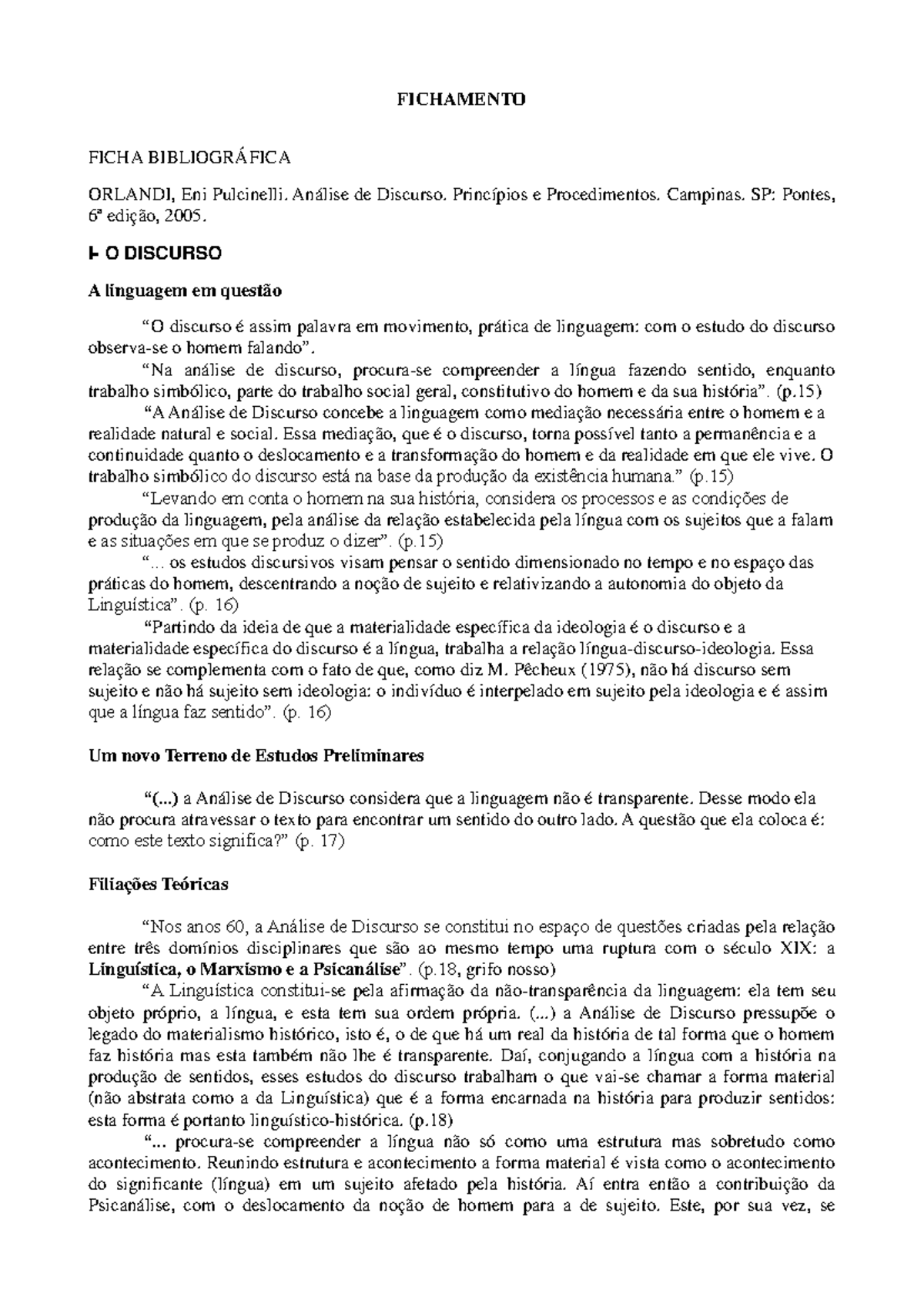 Fichamento: Análise de Discurso de Eni Pulcinelli Orlandi - 6ª Edição ...