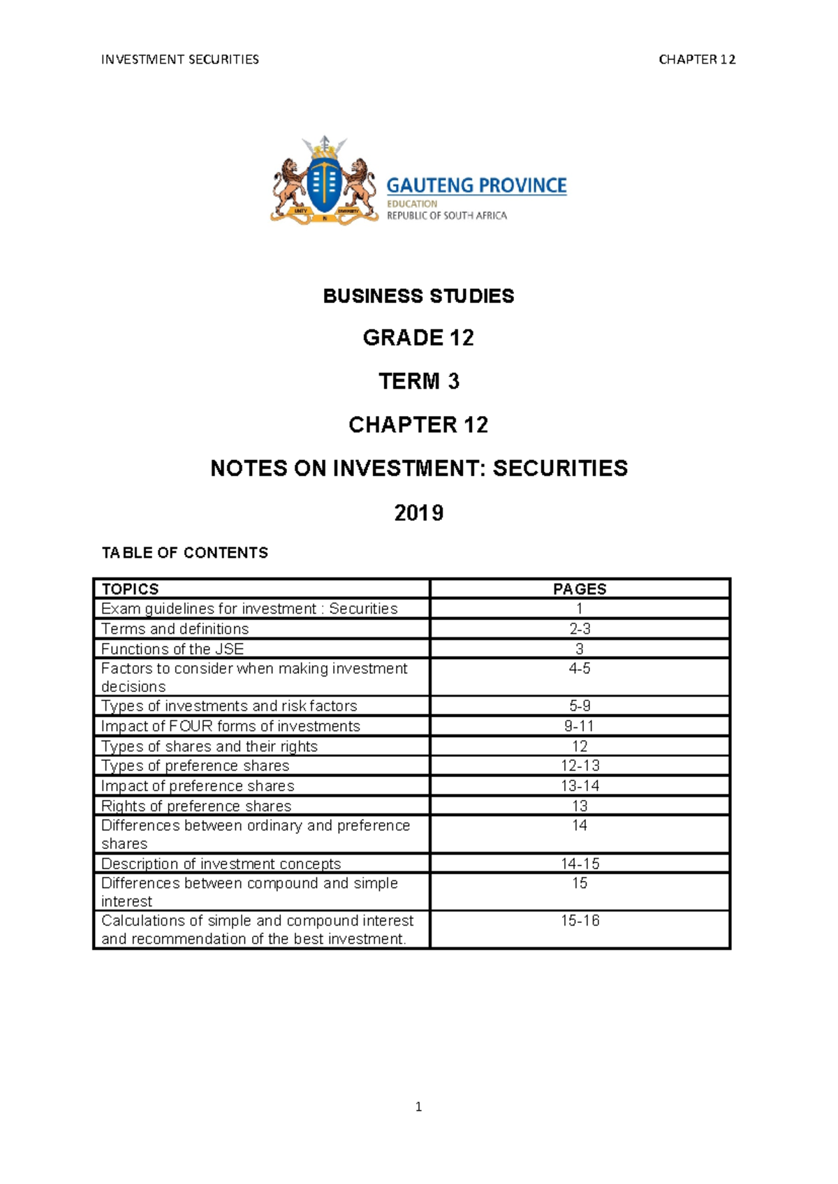 Chapter 12 Business Studies G12 Notes on Investment Securities Analysis ...
