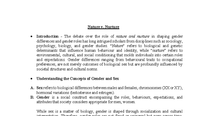 Nature vs. Nurture: Understanding Gender Roles and Differences - Studocu