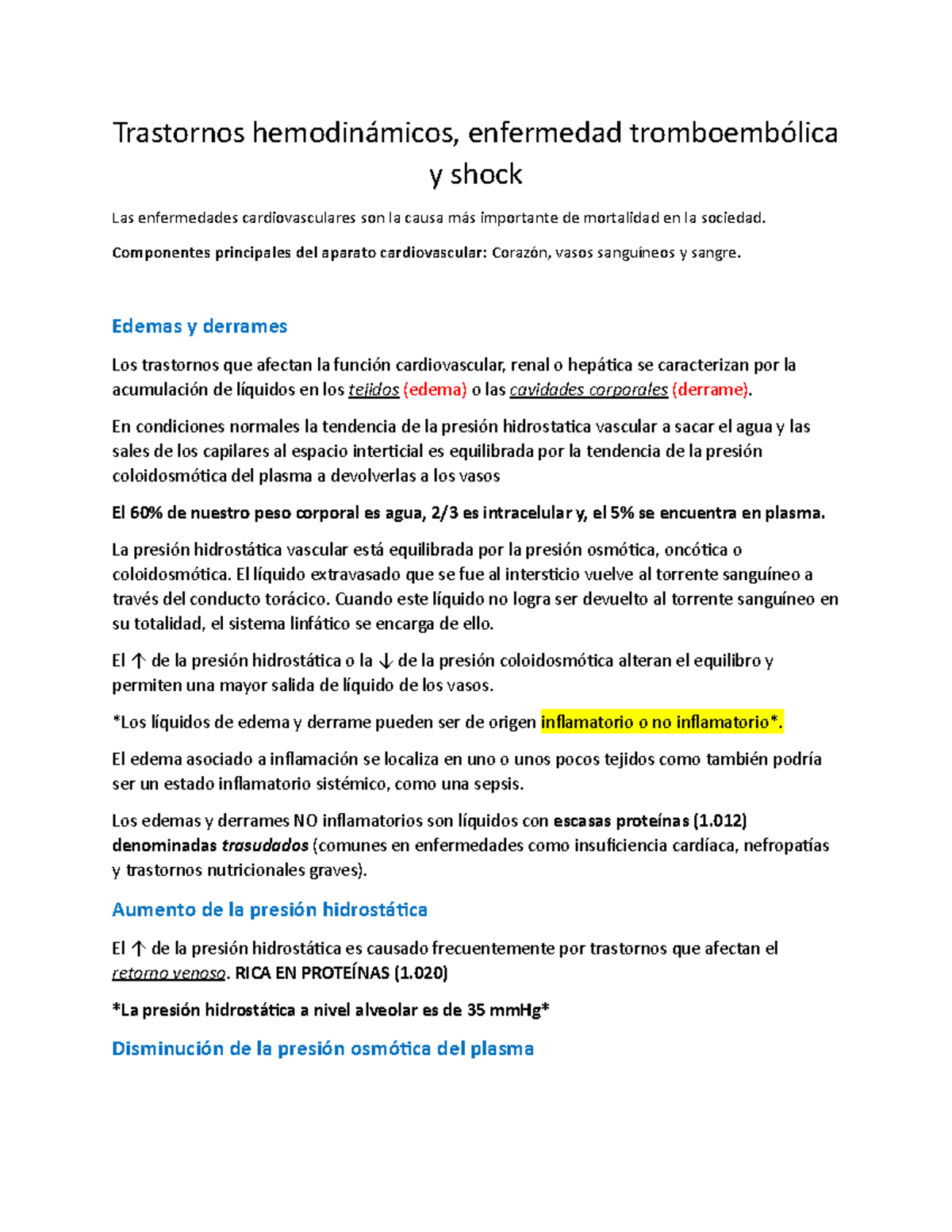 Trastornos hemodinámicos, tromboembólia y shock - Trastornos hemodinámicos, enfermedad - Studocu