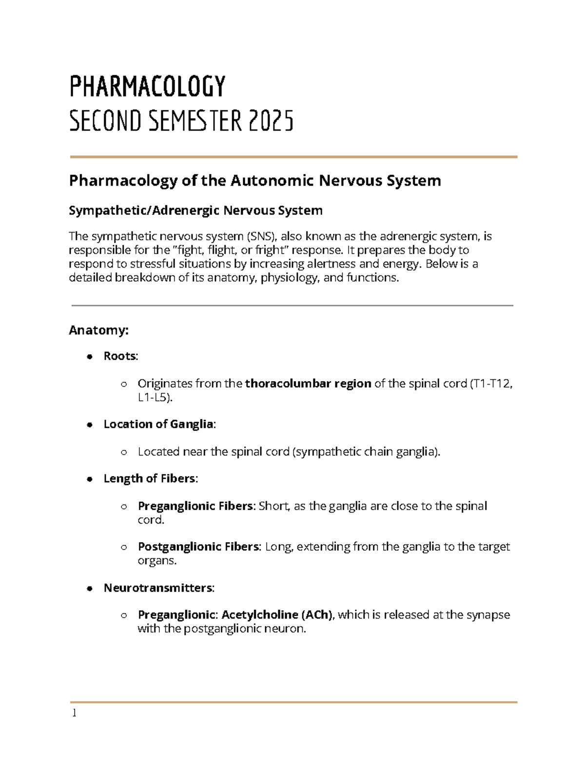 SECOND SEMESTER 2025 Pharmacology of the Autonomic Nervous System Part 2 - Studocu