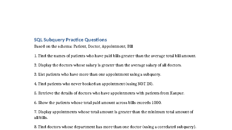 SQL Subquery Practice Questions for Patient, Doctor, Appointment, Bill ...